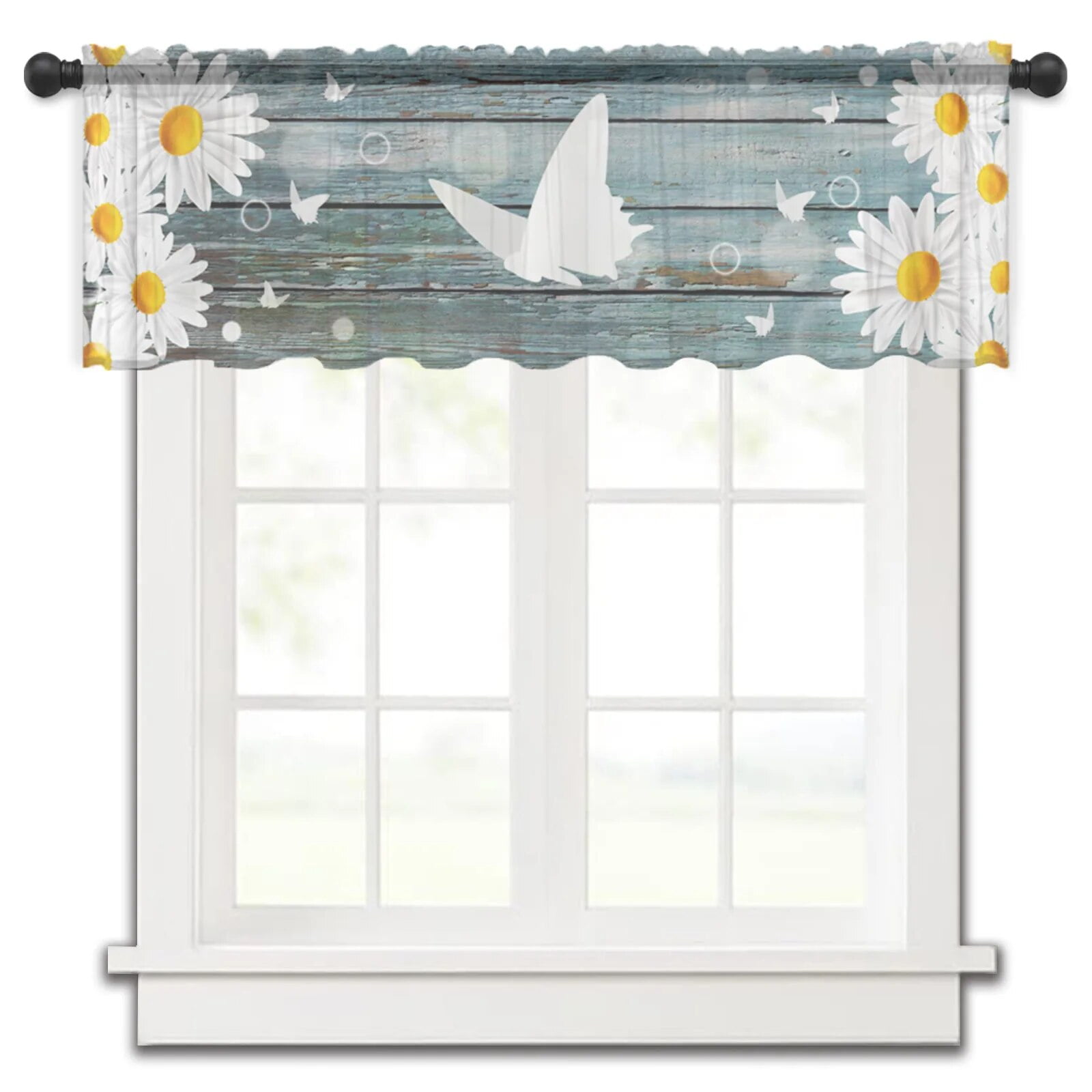 White Daisy Butterfly Wood Grain Rod Pocket Short Curtain Half-Curtain ...
