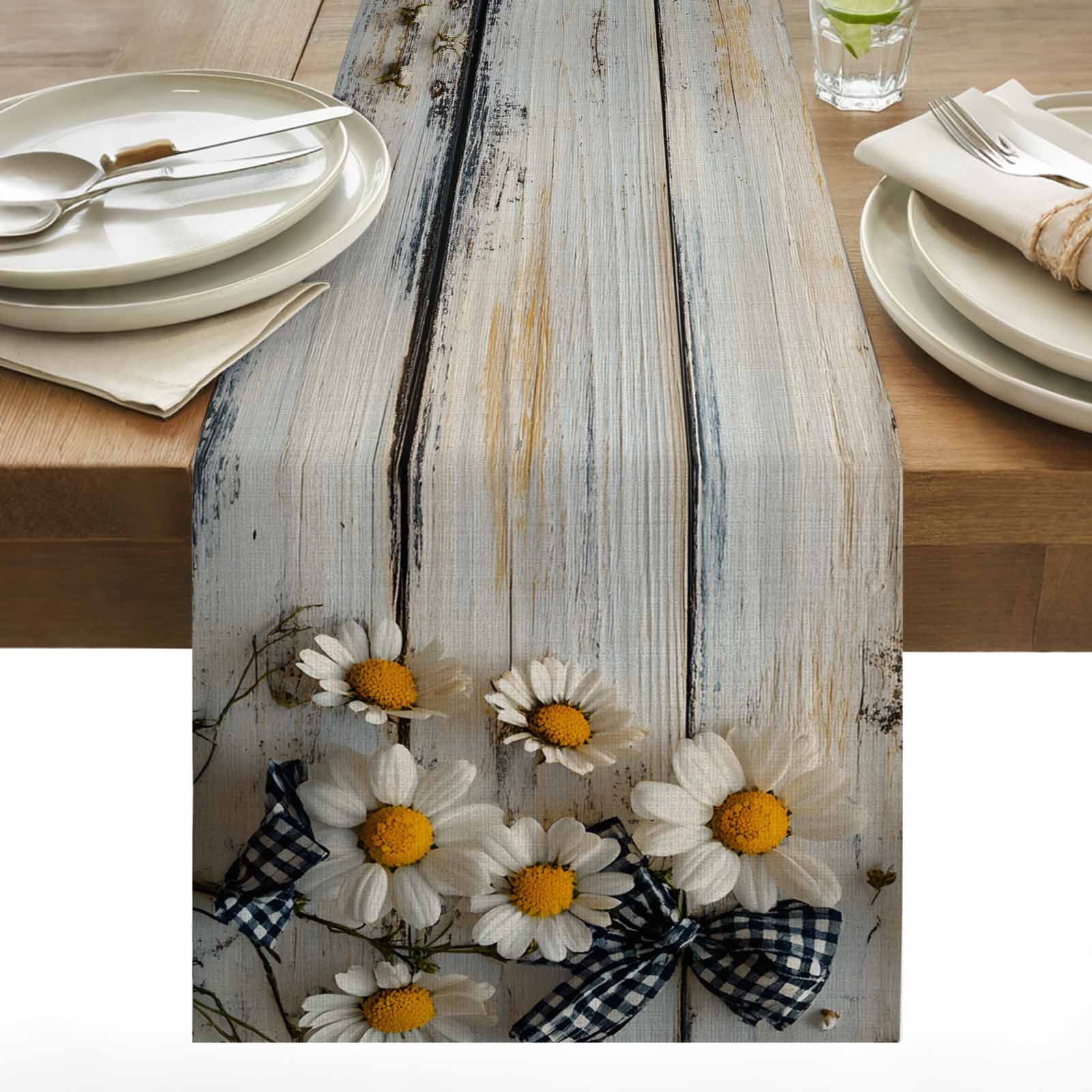 White Daisy Cotton Linen Table Runner Spring Vintage Plant Bow Light ...