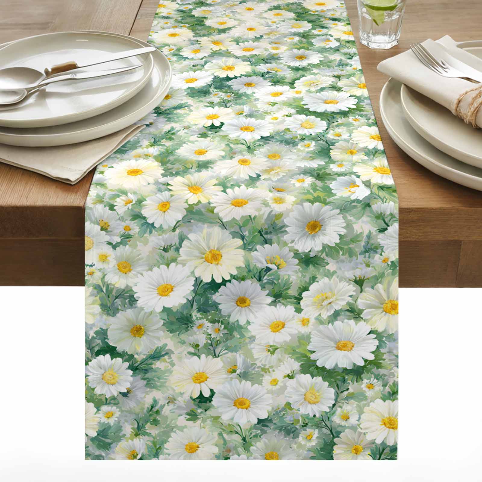 White Daisy Cotton Linen Table Runner Watercolor Flower Green Leaf ...