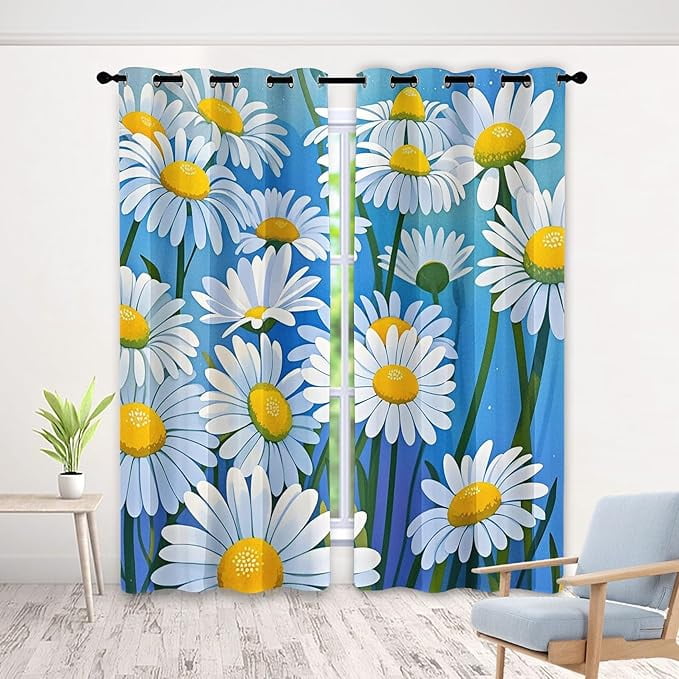 White Daisy Floral Curtains For Bedroom, Wild Flowers Blackout Curtains ...