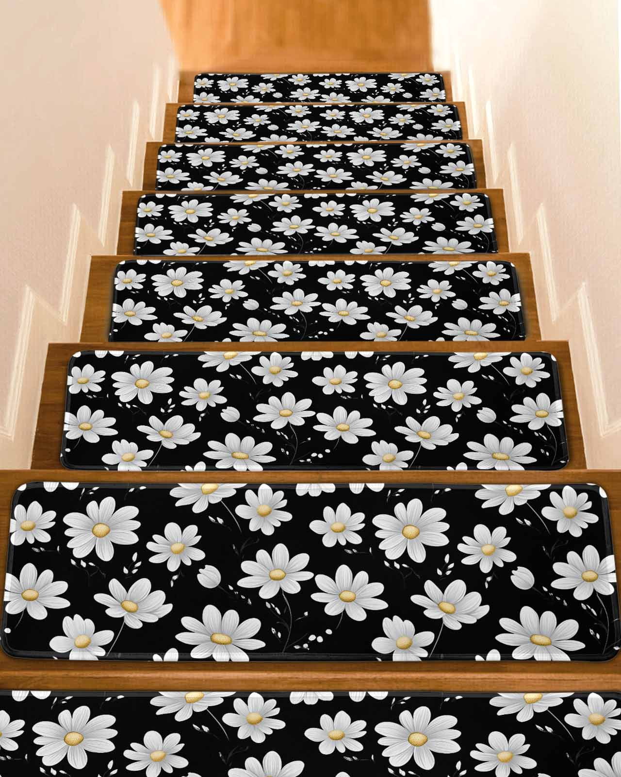 White Daisy Floral Stair Treads for Wooden Steps Indoor Runner Rug ...