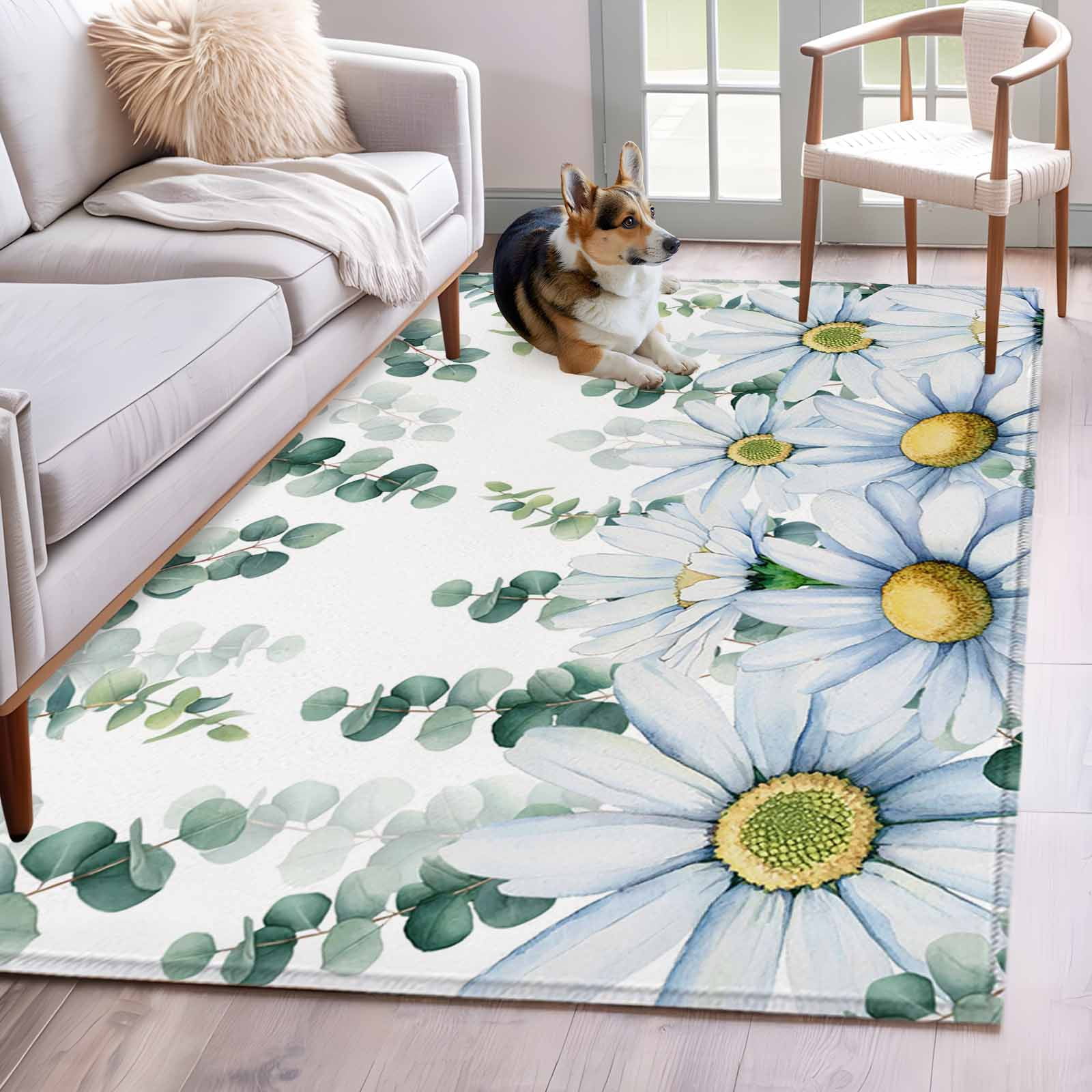 White Daisy Flower Area Rugs 4x6 ft Green Leaf Farm Plant Country Style ...