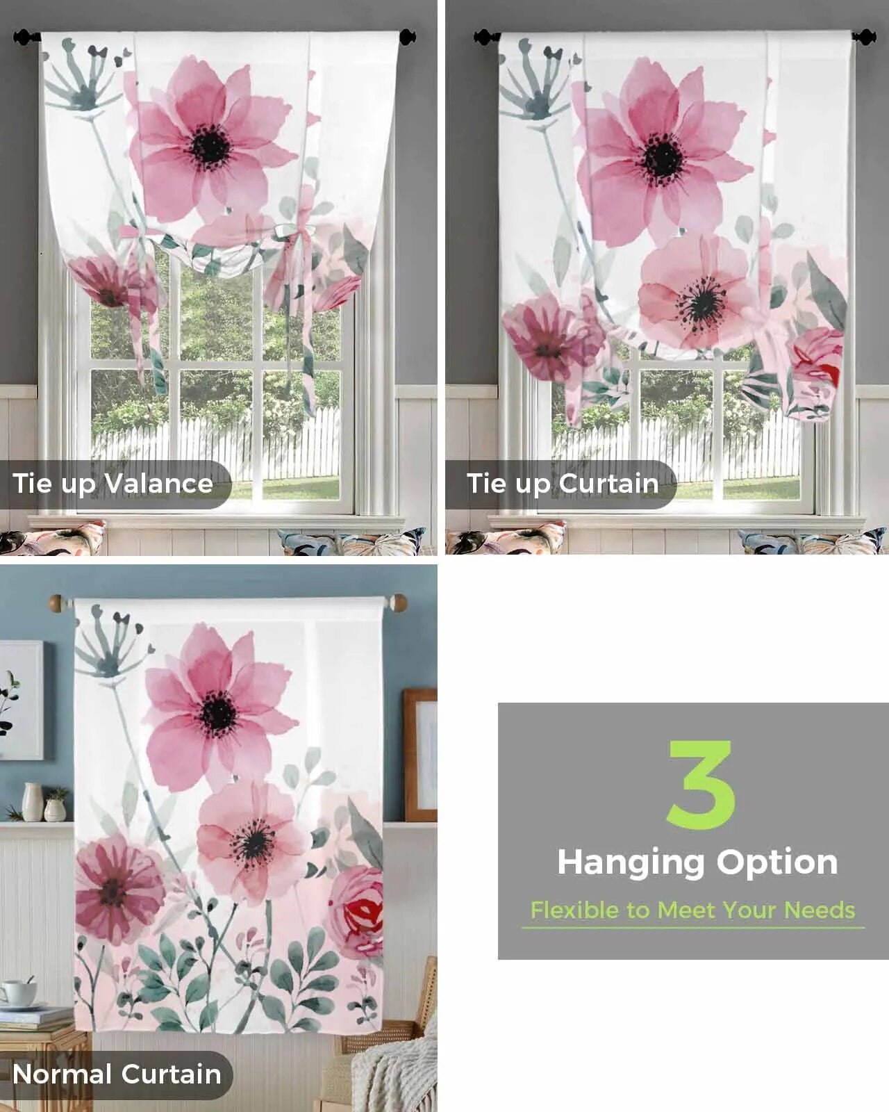 White Daisy Flower Curtain for Living Room Kitchen Tie-up Short ...