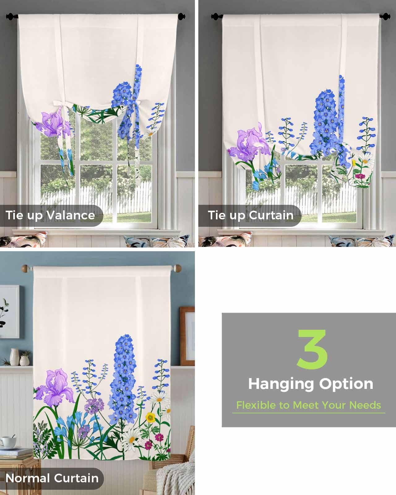 White Daisy Flower Curtain for Living Room Kitchen Tie-up Short ...