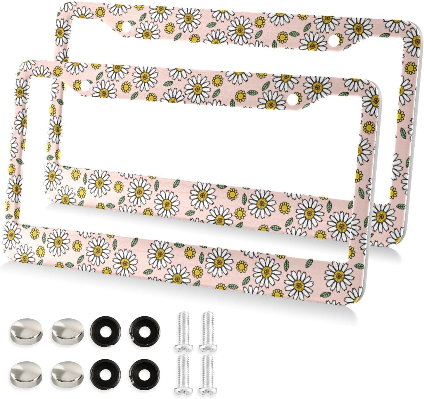 White Daisy Flower License Plate Frame - 2 Pack Universal Stainless ...