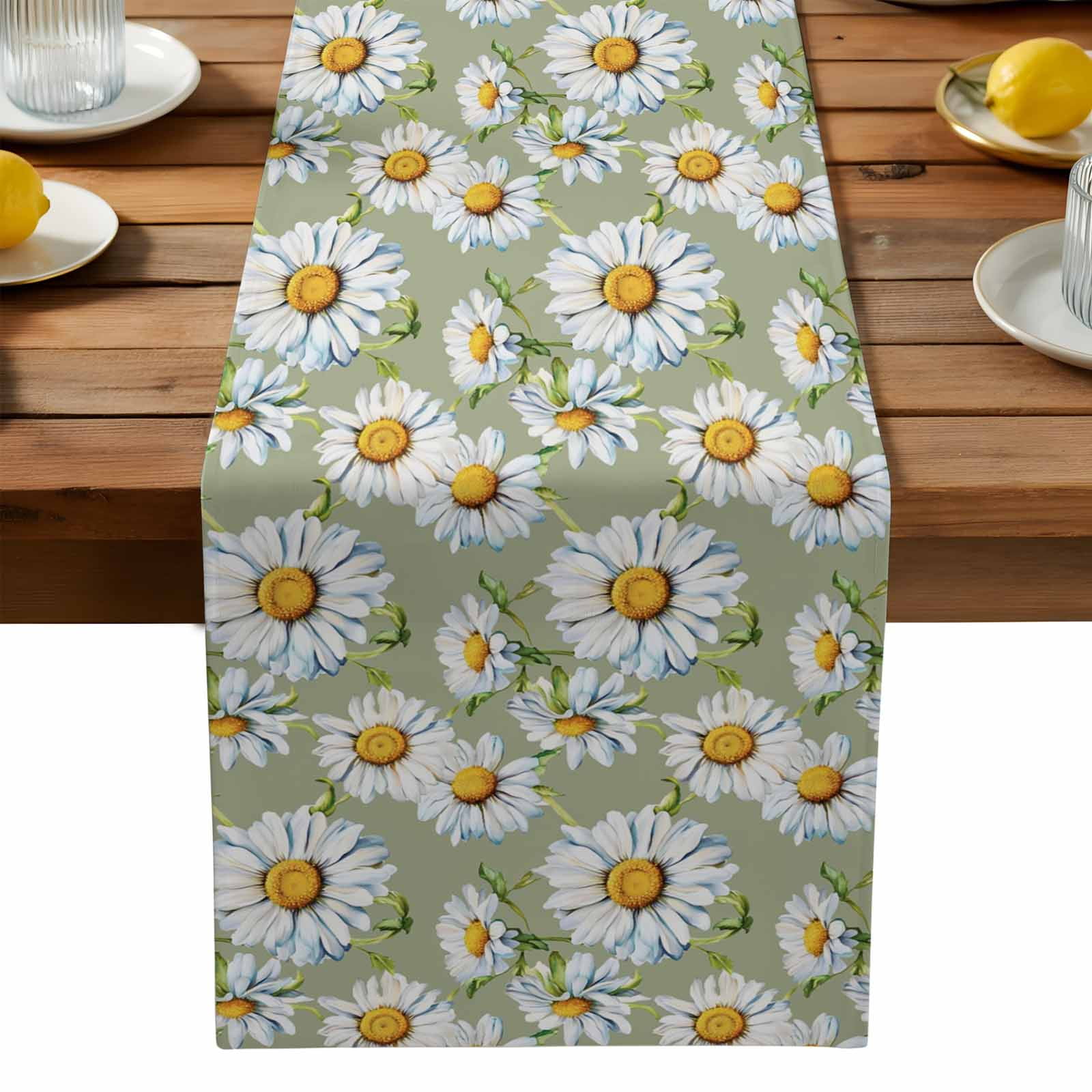 White Daisy Flower Sage Green Table Runners 13x90 Inches Long Linen ...