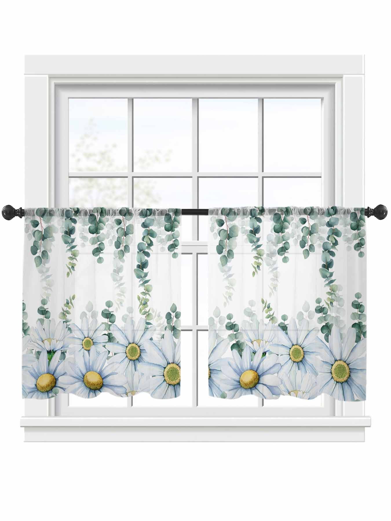 White Daisy Flower Sheer Curtains 54 Inch Long 2 Panels, Green Leaf ...