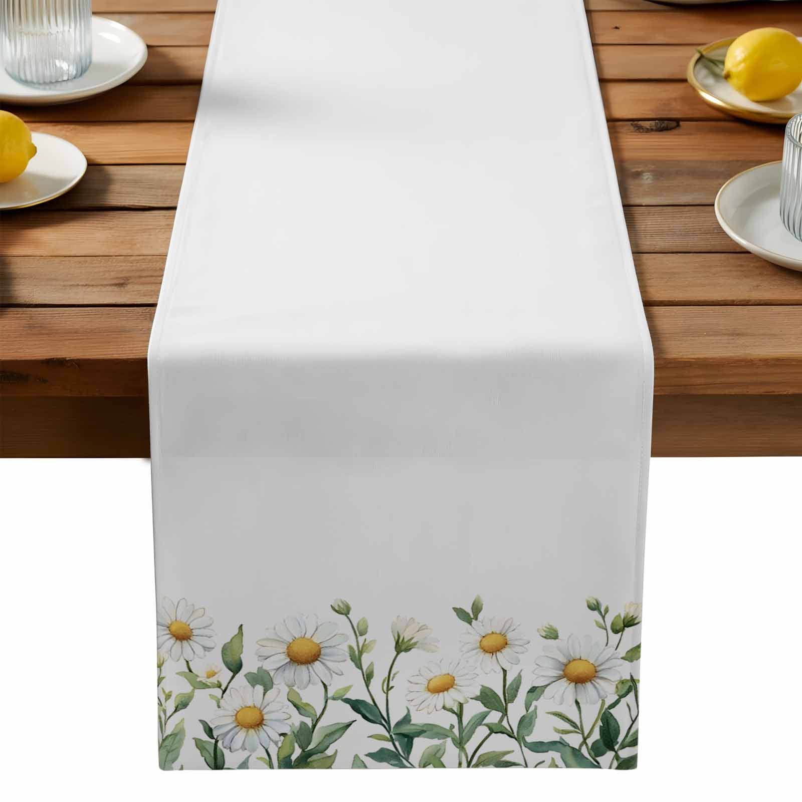 White Daisy Flower Table Runner, Watercolor Wildflower Cotton Linen ...