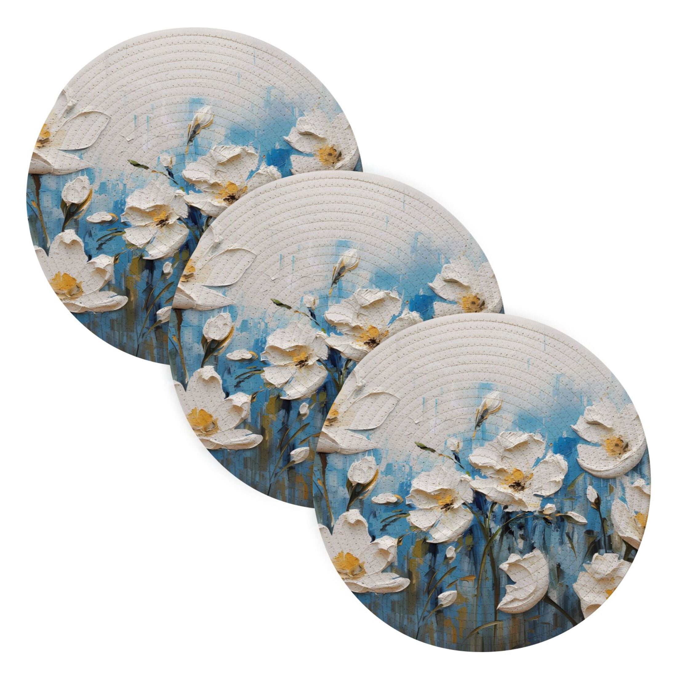 White Daisy Flowers 3 PCs Pot Holders Trivets Kitchen 15" Cotton Pans ...