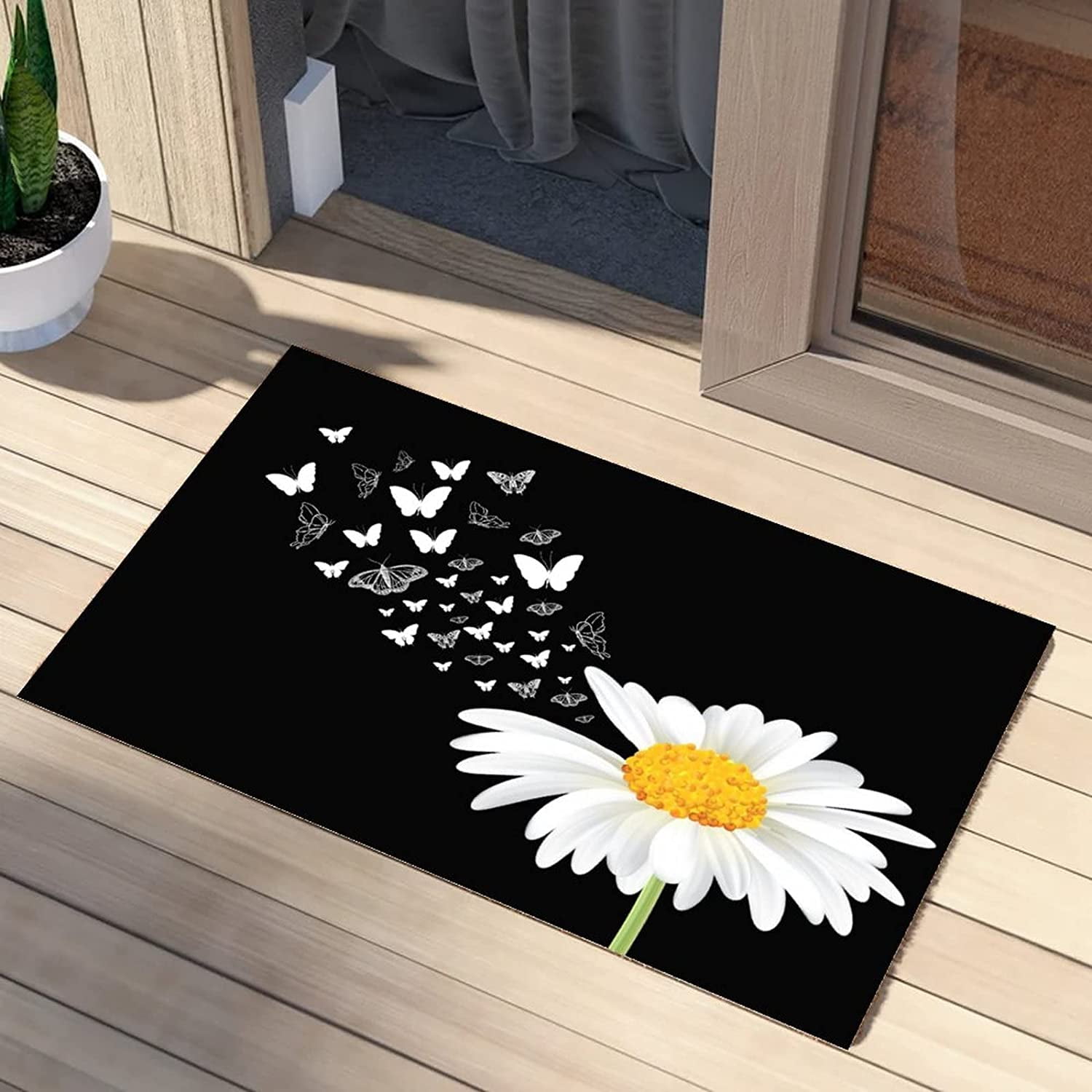 White Daisy Flowers Butterflies Doormat Coconut Coir Recessed Area ...