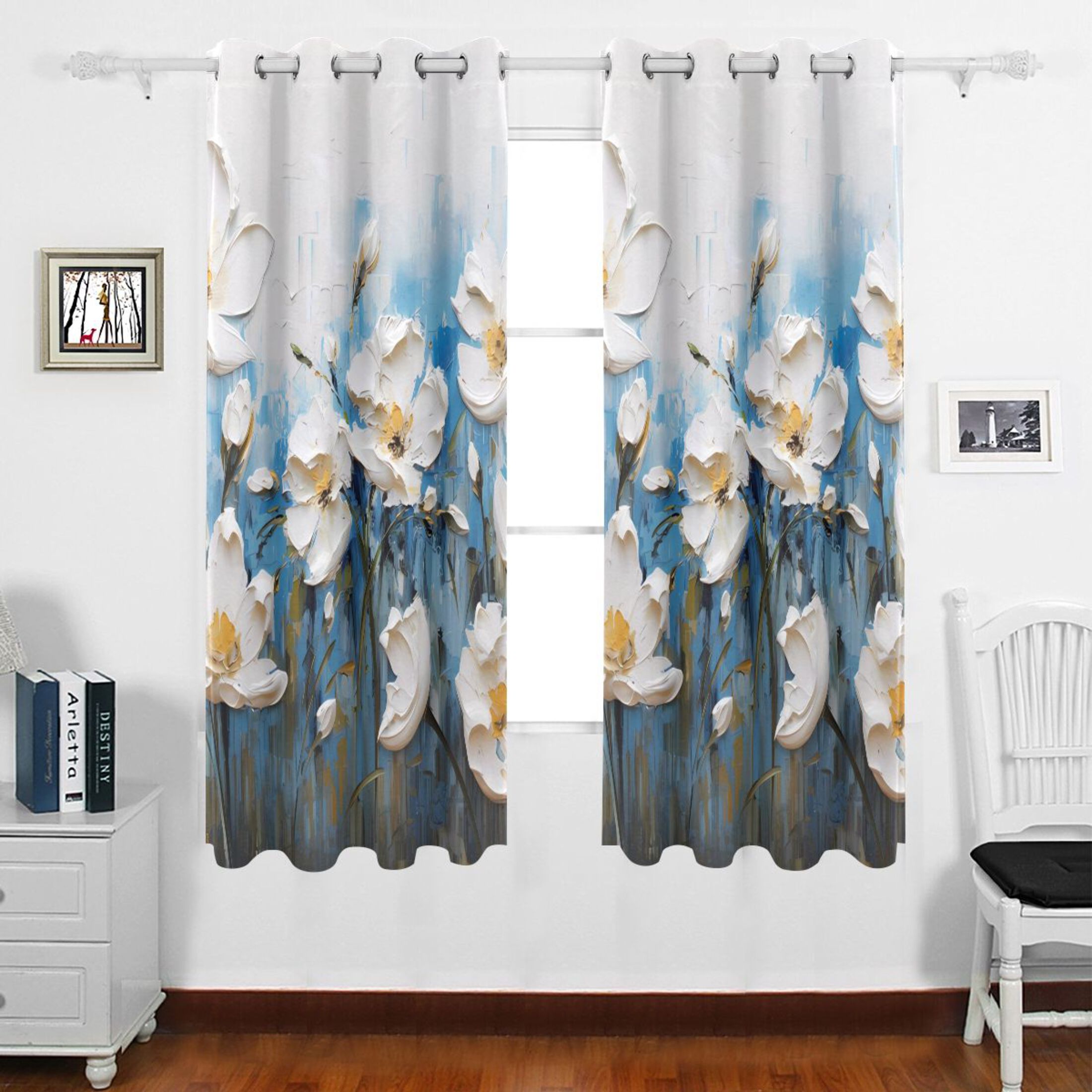 White Daisy Flowers Grommet Blackout Curtains Thermal Insulated Window ...