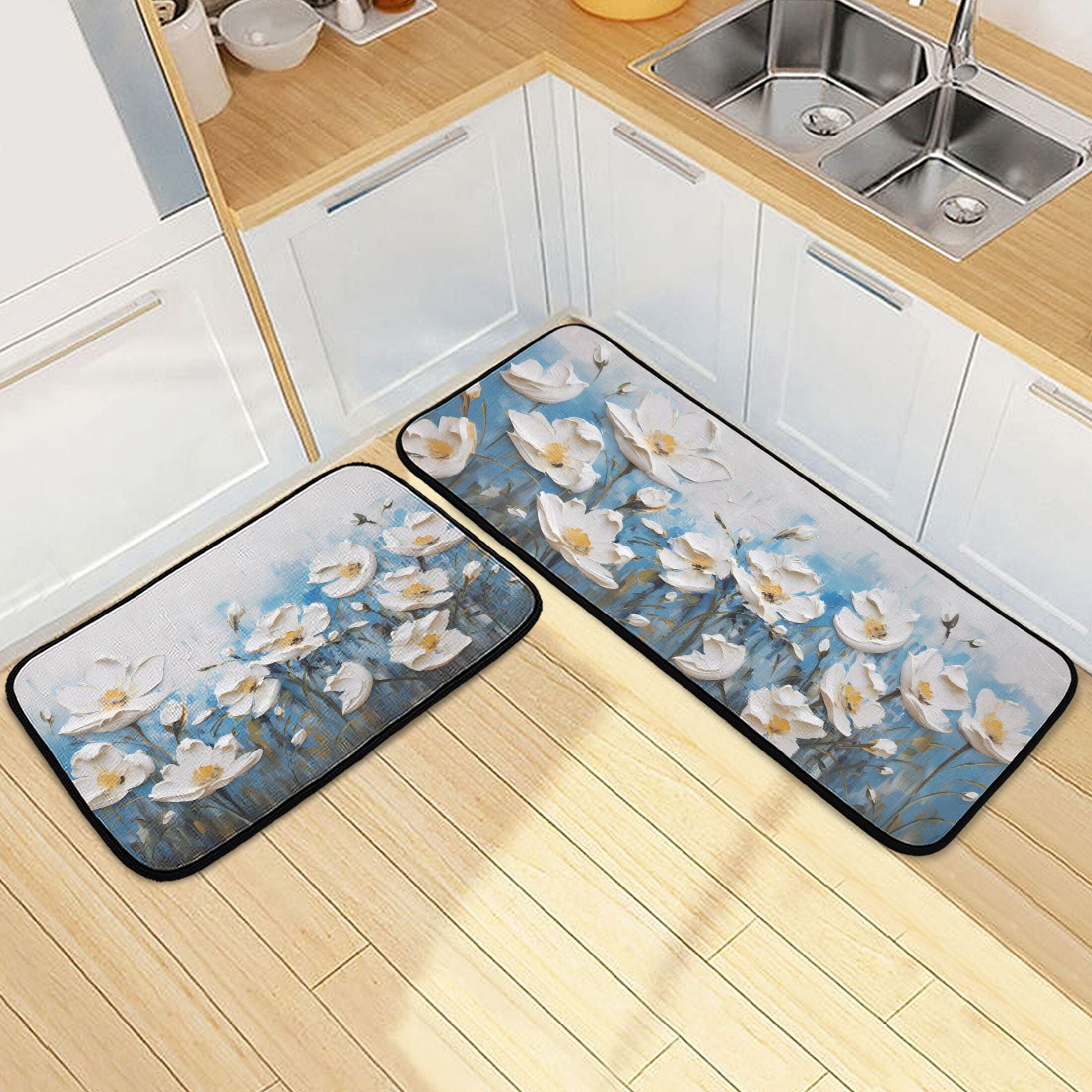 White Daisy Flowers Kitchen Mats Set 2 Piece Non Slip Floor Foam Rugs ...