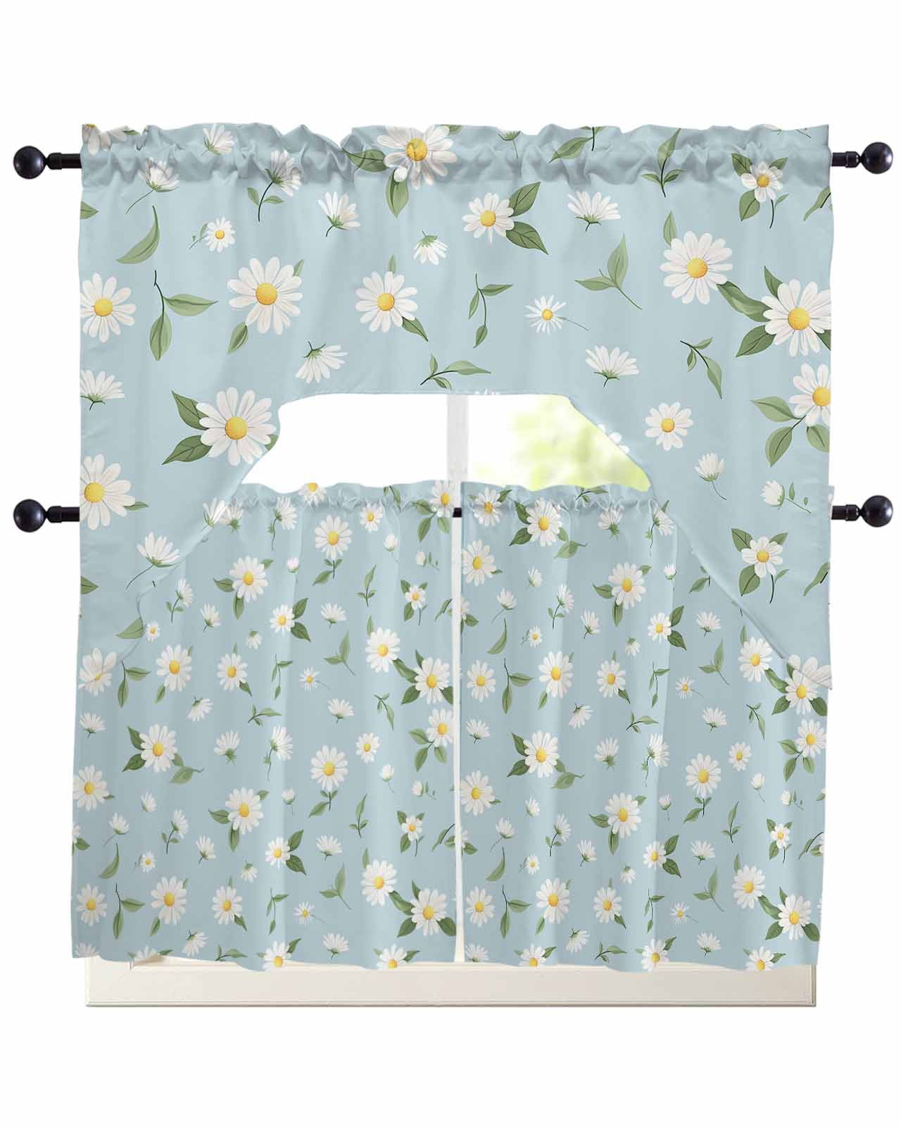 White Daisy Kitchen Curtains Swag Valance and Tier Curtains Set 24 Inch Length, Country Pastoral ...