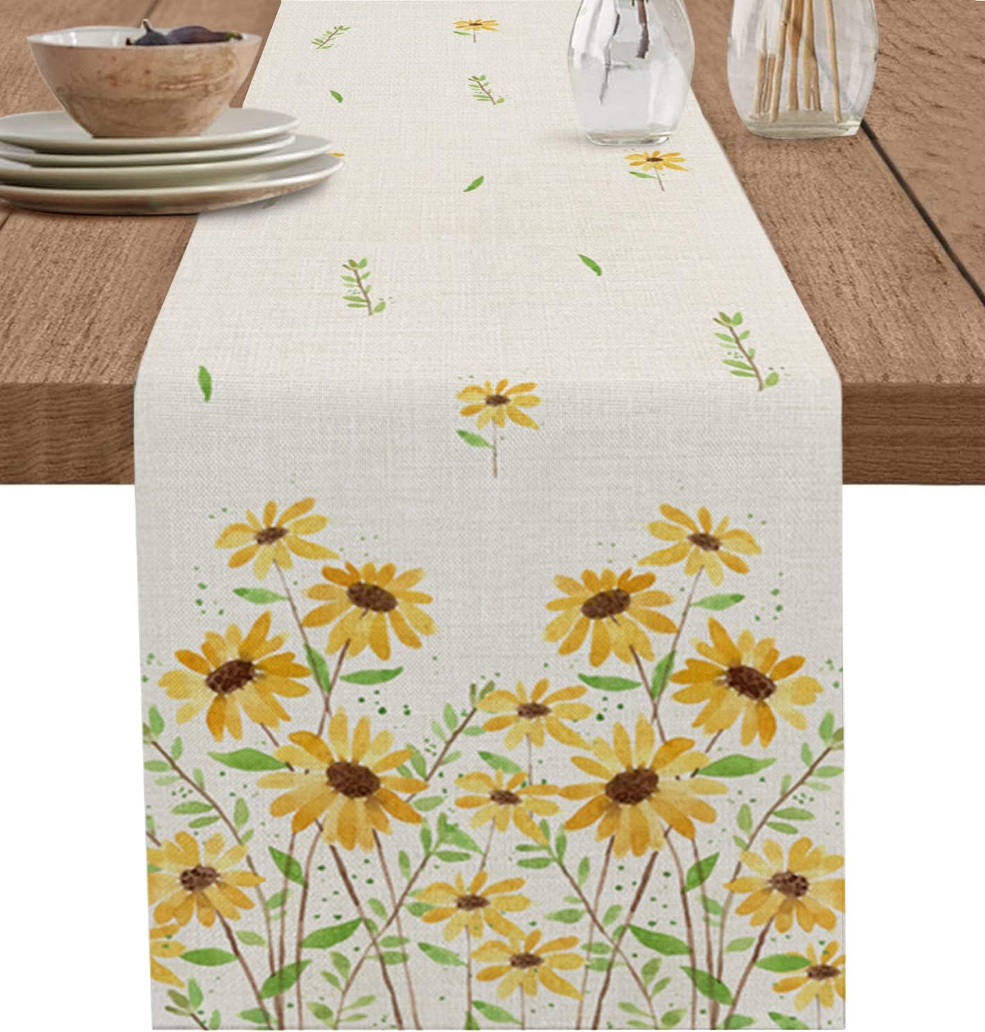 White Daisy Linen Table Runner Spring Summer Flower Dresser Scarf Table ...