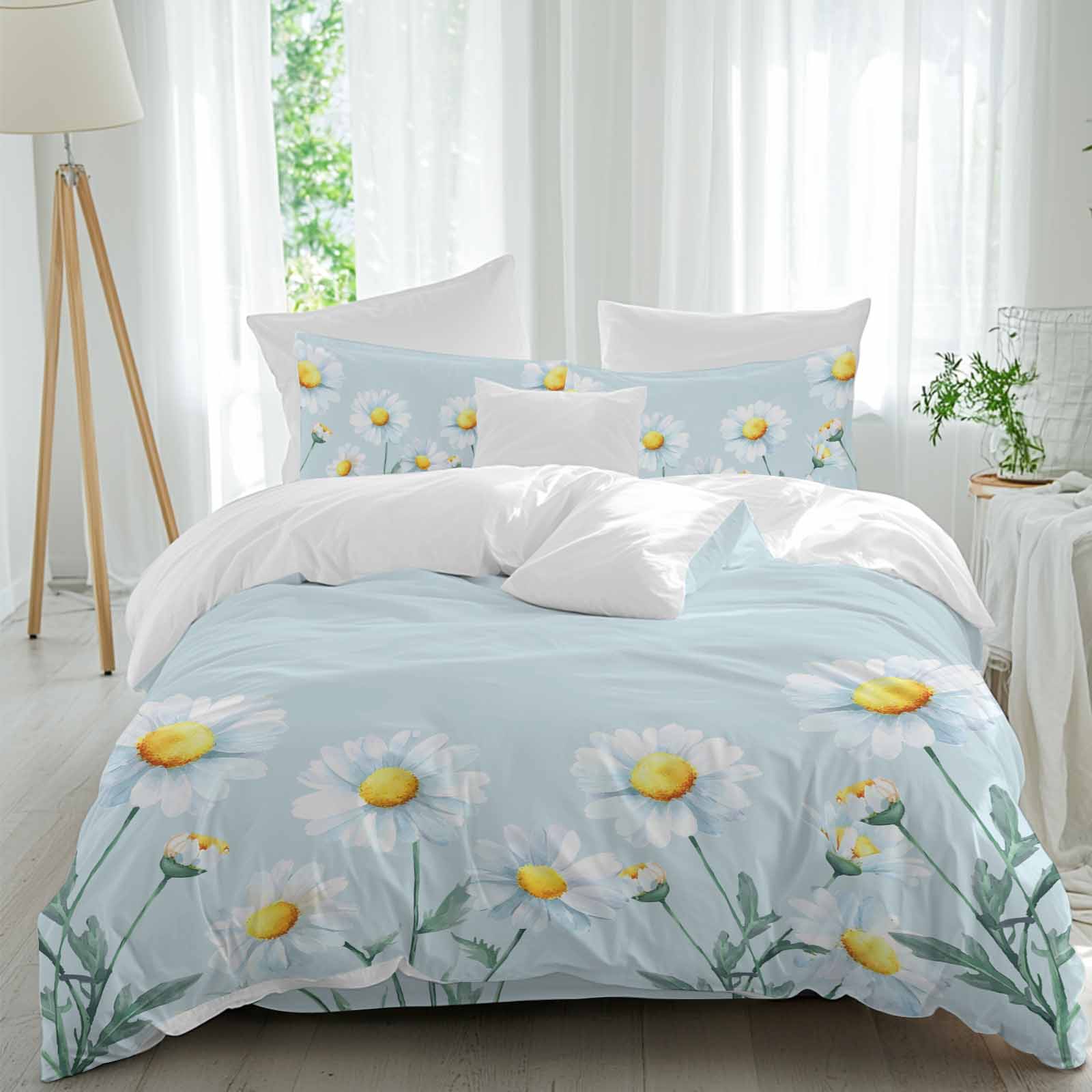 White Daisy Queen Size Comforter Set, Country Farm White Floral Daisy ...