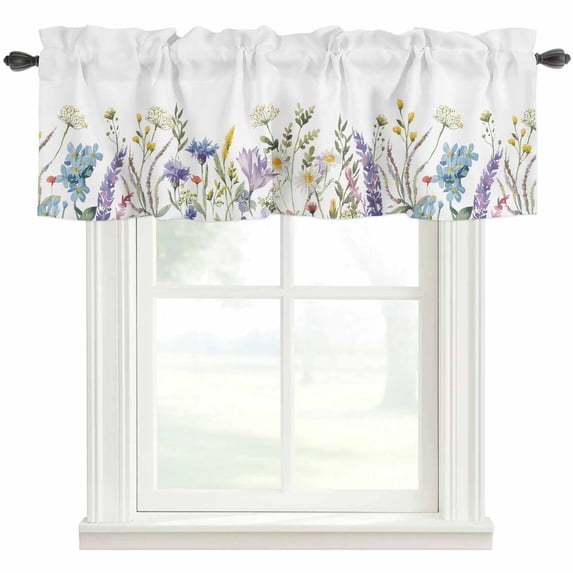 White Daisy Rod Pocket Curtain Valance, Lavender Wildflowers Pastoral ...