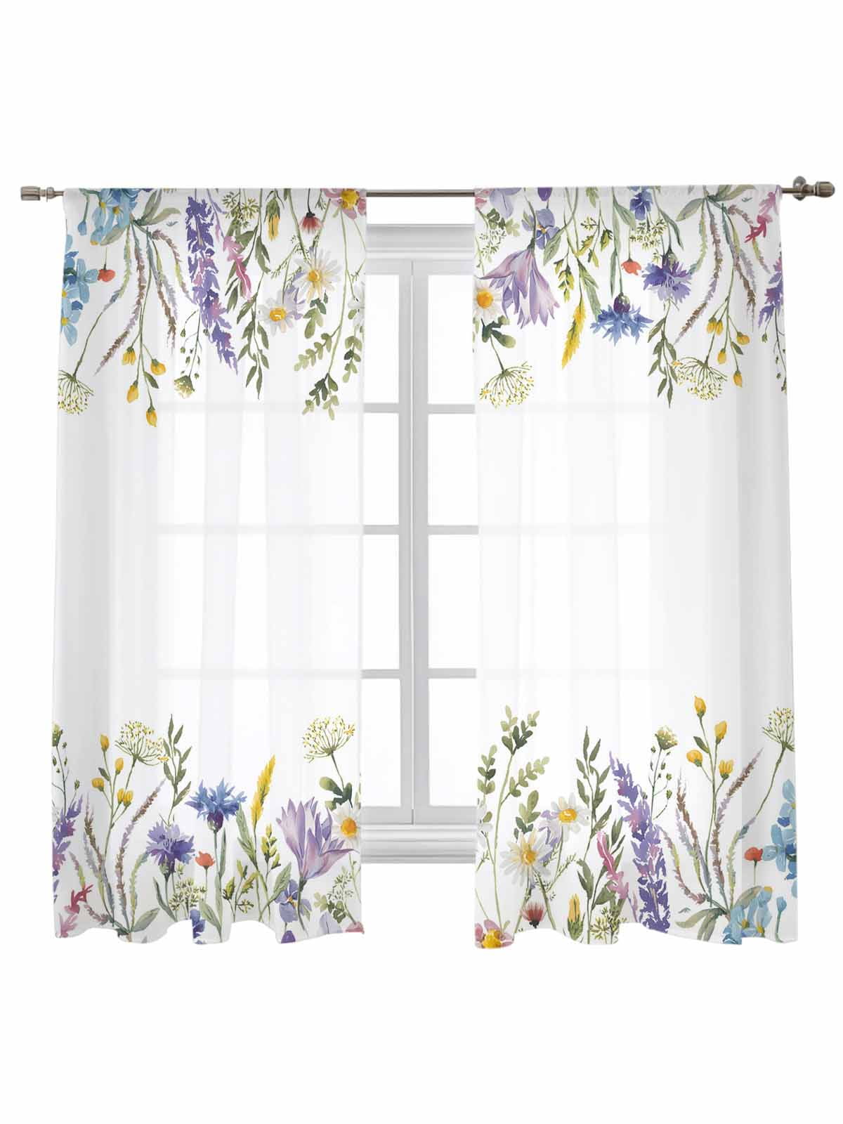 White Daisy Sheer Curtains 2 Panels Set Colorful Flower Lavender Watercolor Lihgt Filtering Rod ...