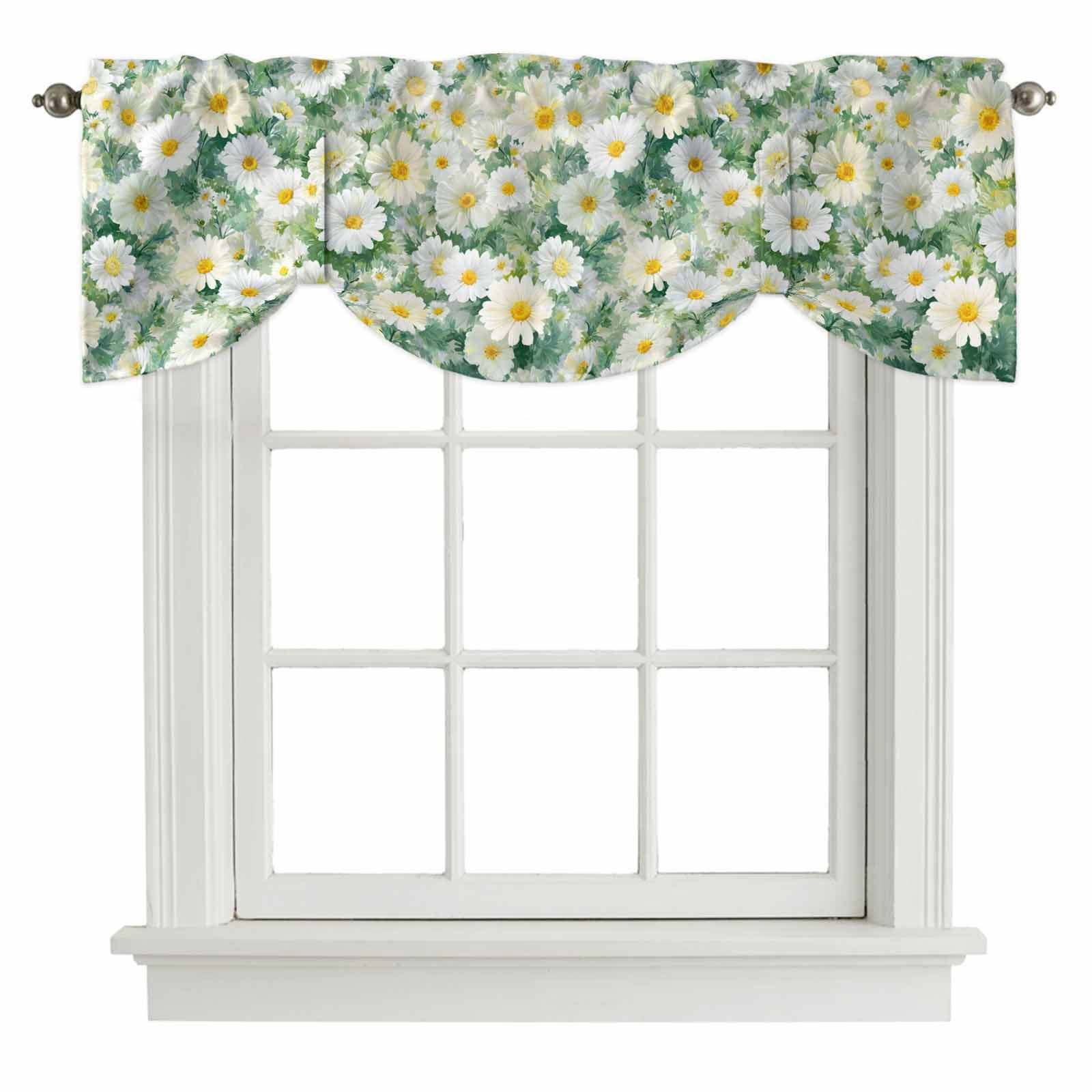 White Daisy Tie Up Valance for Windows, Watercolor Flower Green Leaf ...