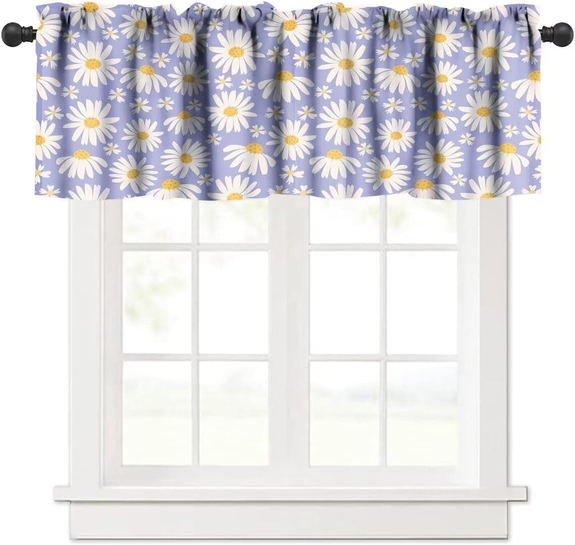 White Daisy Valance, Cartoon Cute Daisy On Purple Background Vintage ...