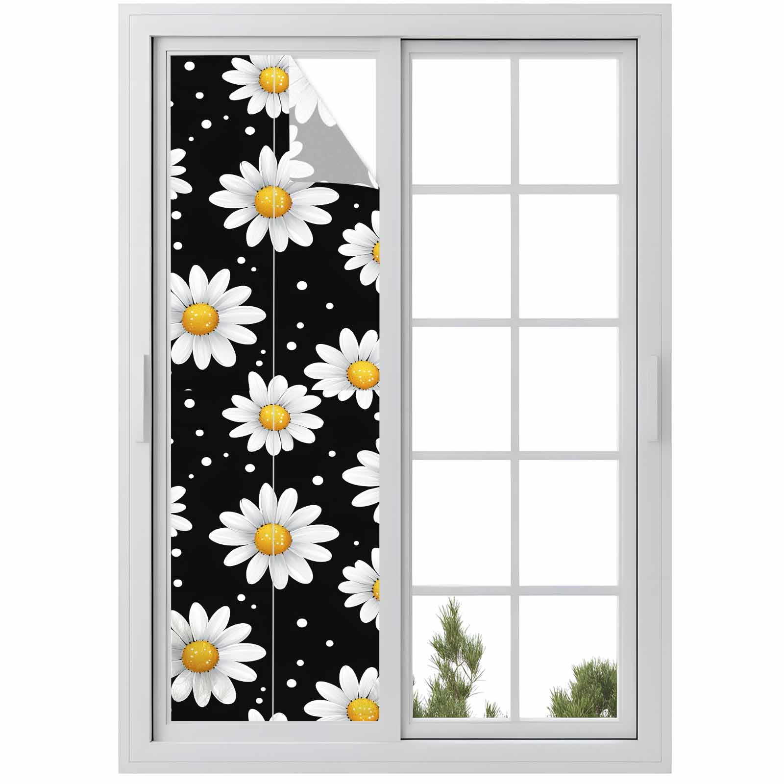 White Daisy Window Privacy Film Flowers Black Background Modern Art ...