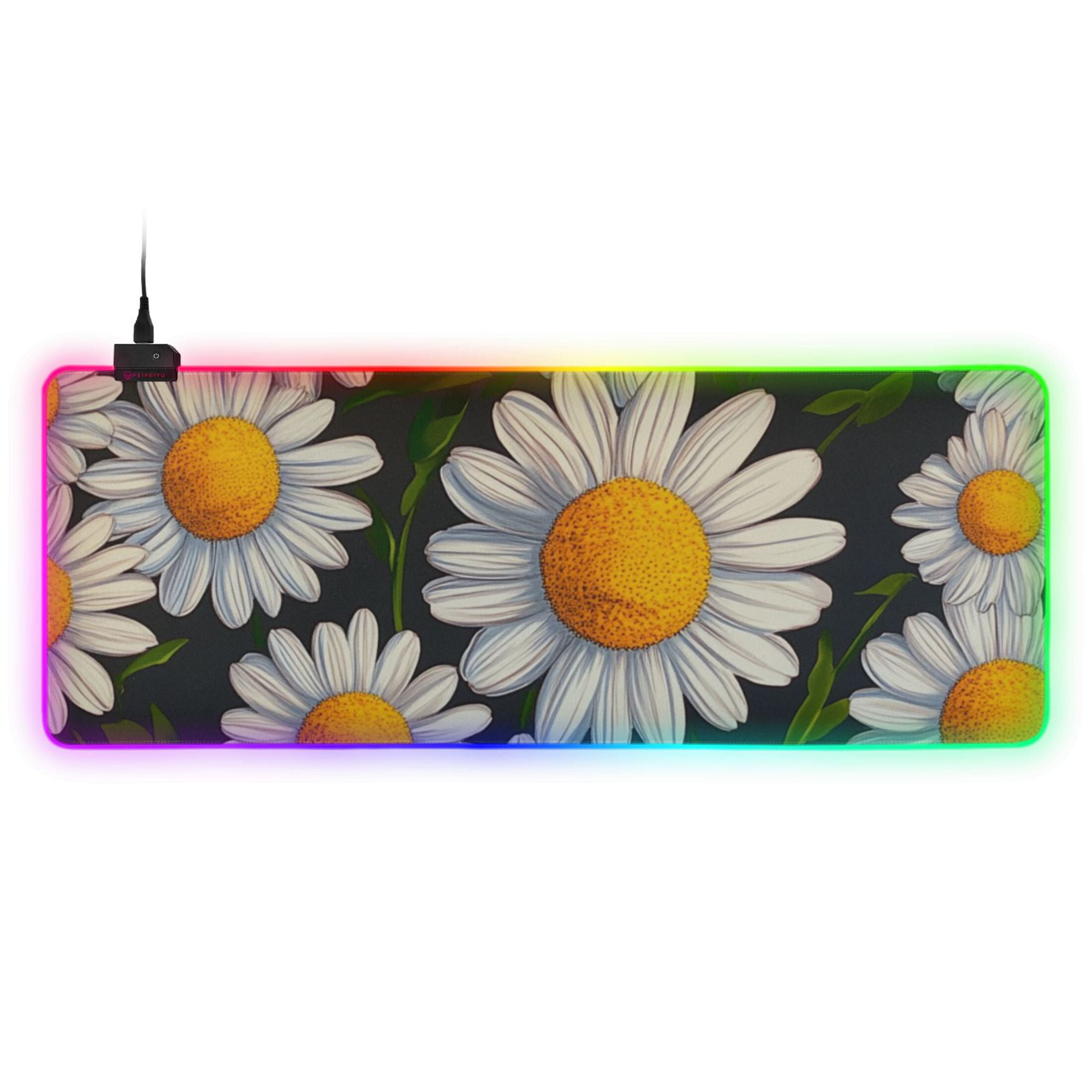 White Daisy with Yellow Heart RGB Gaming Mouse Pad Large Keyboard Mat ...