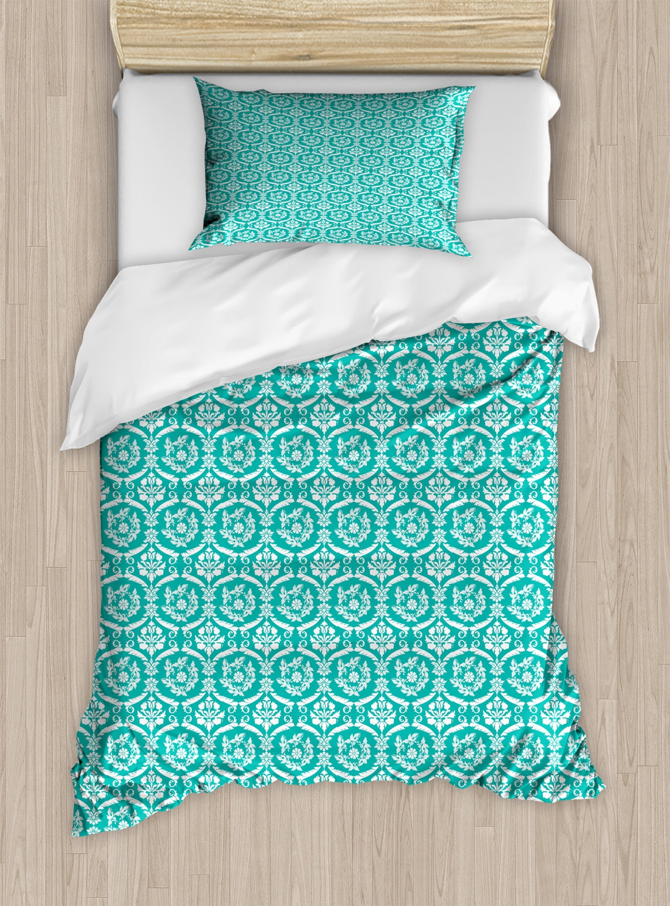 White Damask Duvet Cover Set, Print of Continuing Flower Wreath Like ...