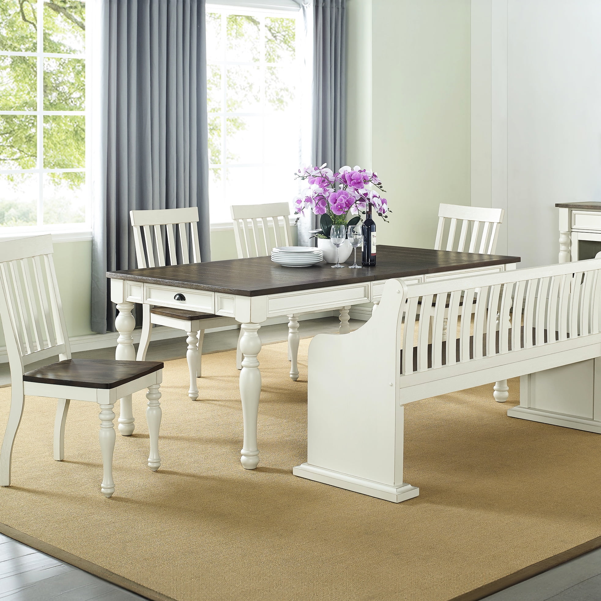 White & Dark Brown 6 Dining Ensemble. Style. Extendable Table, Chairs, Sliding Door Server, Lift ...