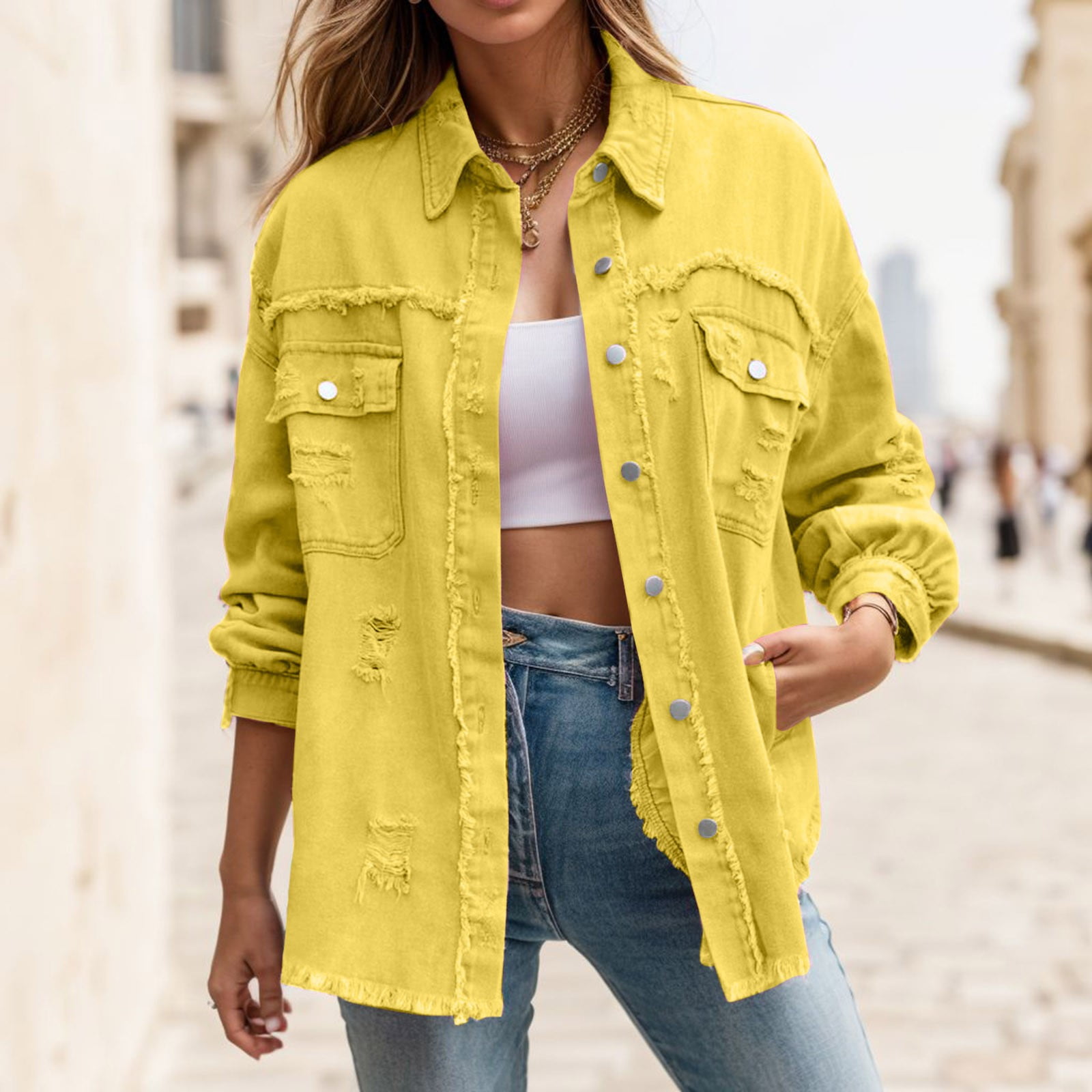 White Denim Jacket Women Clearance Casual Long Sleeve Lapel Ripped Mid ...