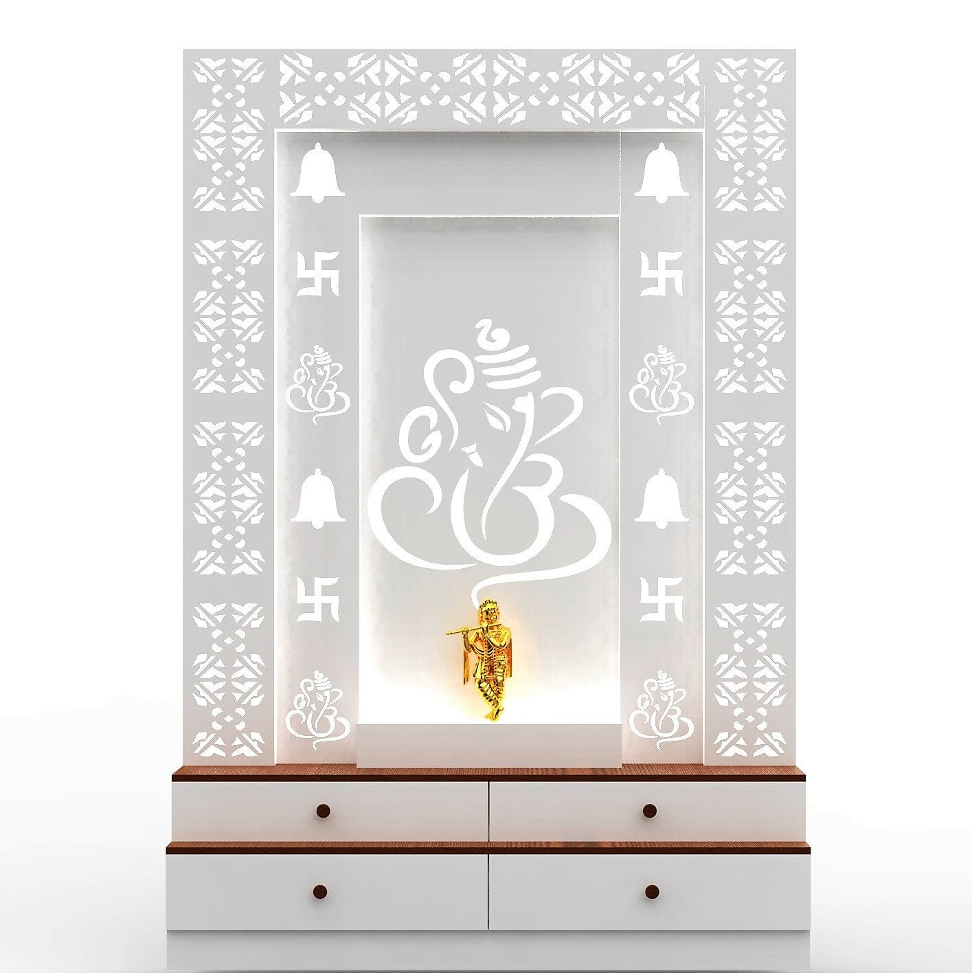 White Designer Textured Wooden Mandir With LED / Mandir For Home ...