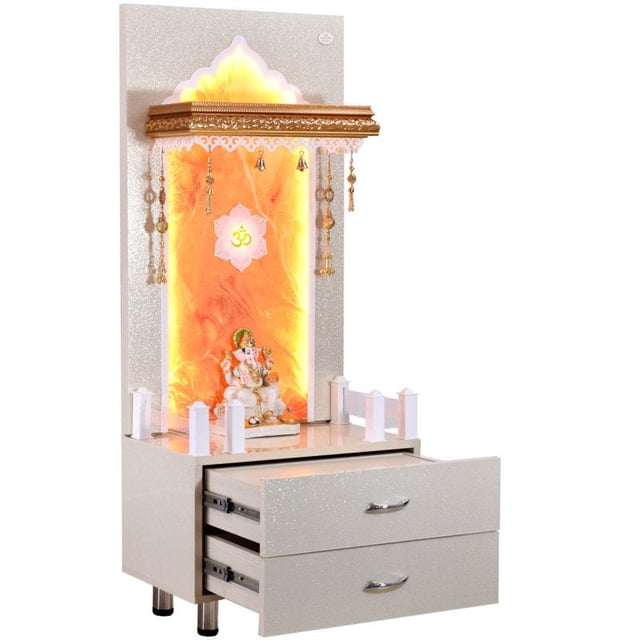 White Designer Textured Wooden Mandir With LED / Mandir For Home ...