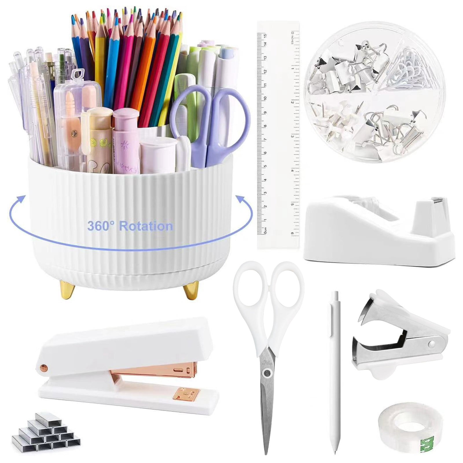 White Desk Accessories, Rotating Pen Holder Set,Pink Office Supplies ...