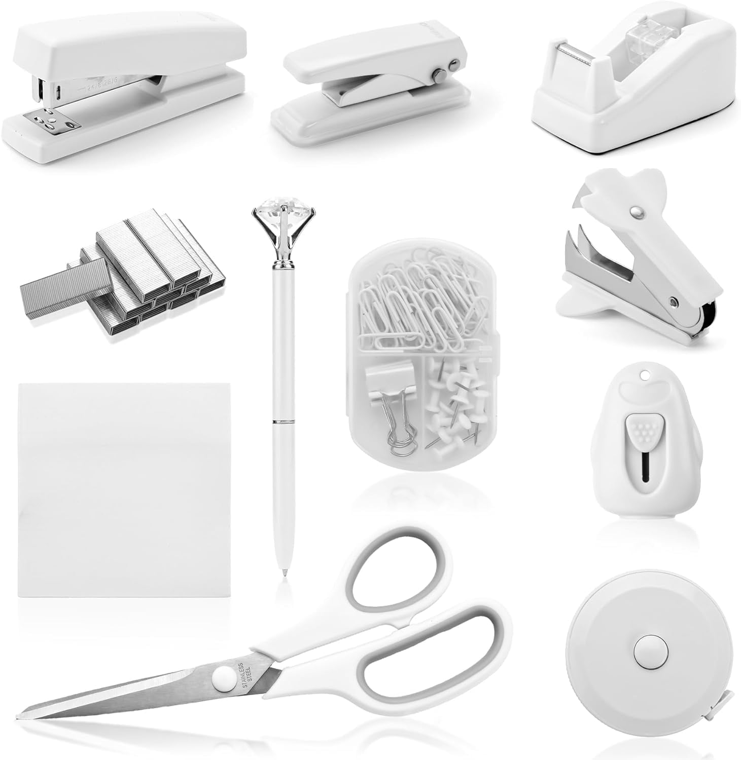 White Desk Accessory Kit Cute Office Supplies Set Desktop Stapler Set ...