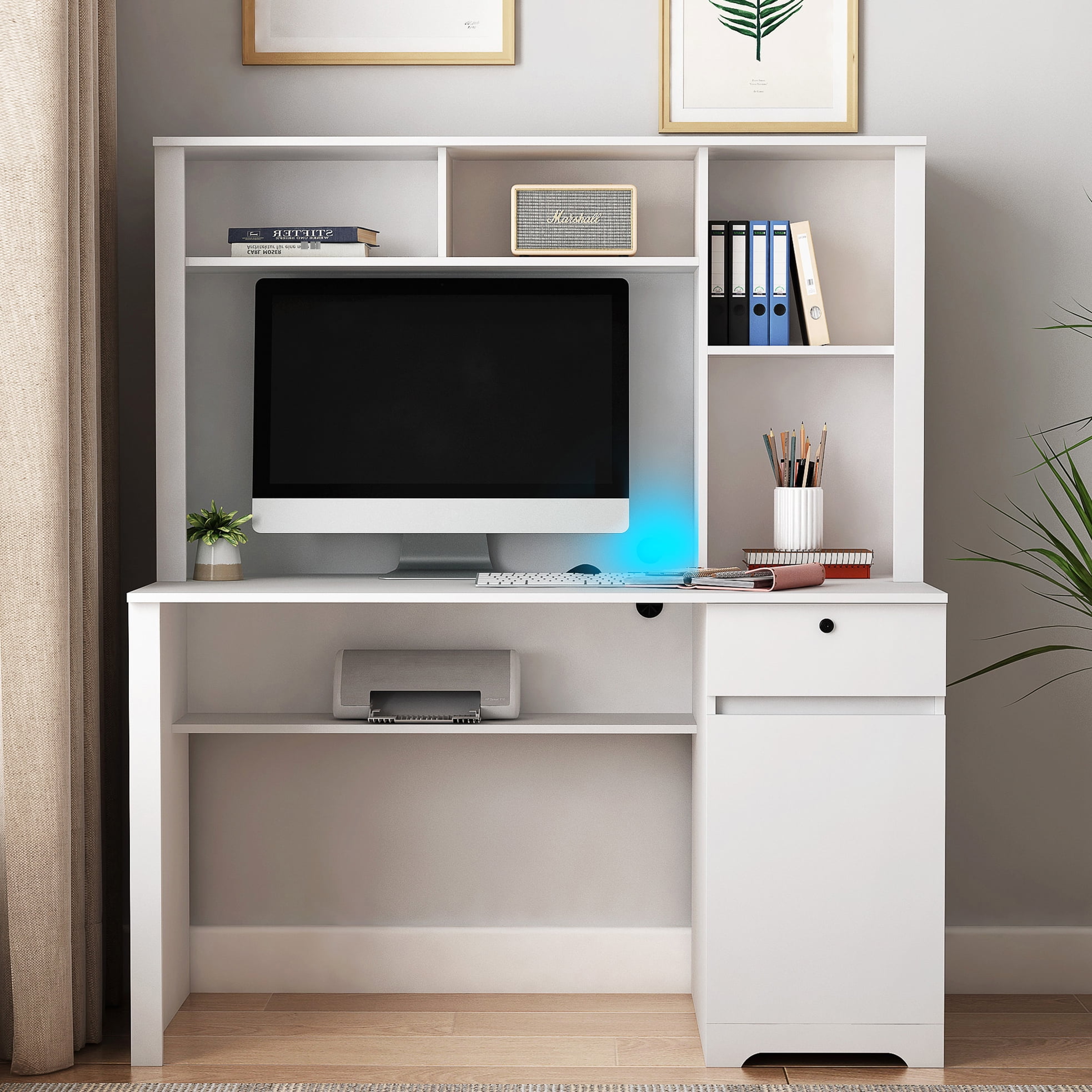 White Desk With , Bookshelf & Lockable Section: 3 Ac Outlets, 2 Ports ...