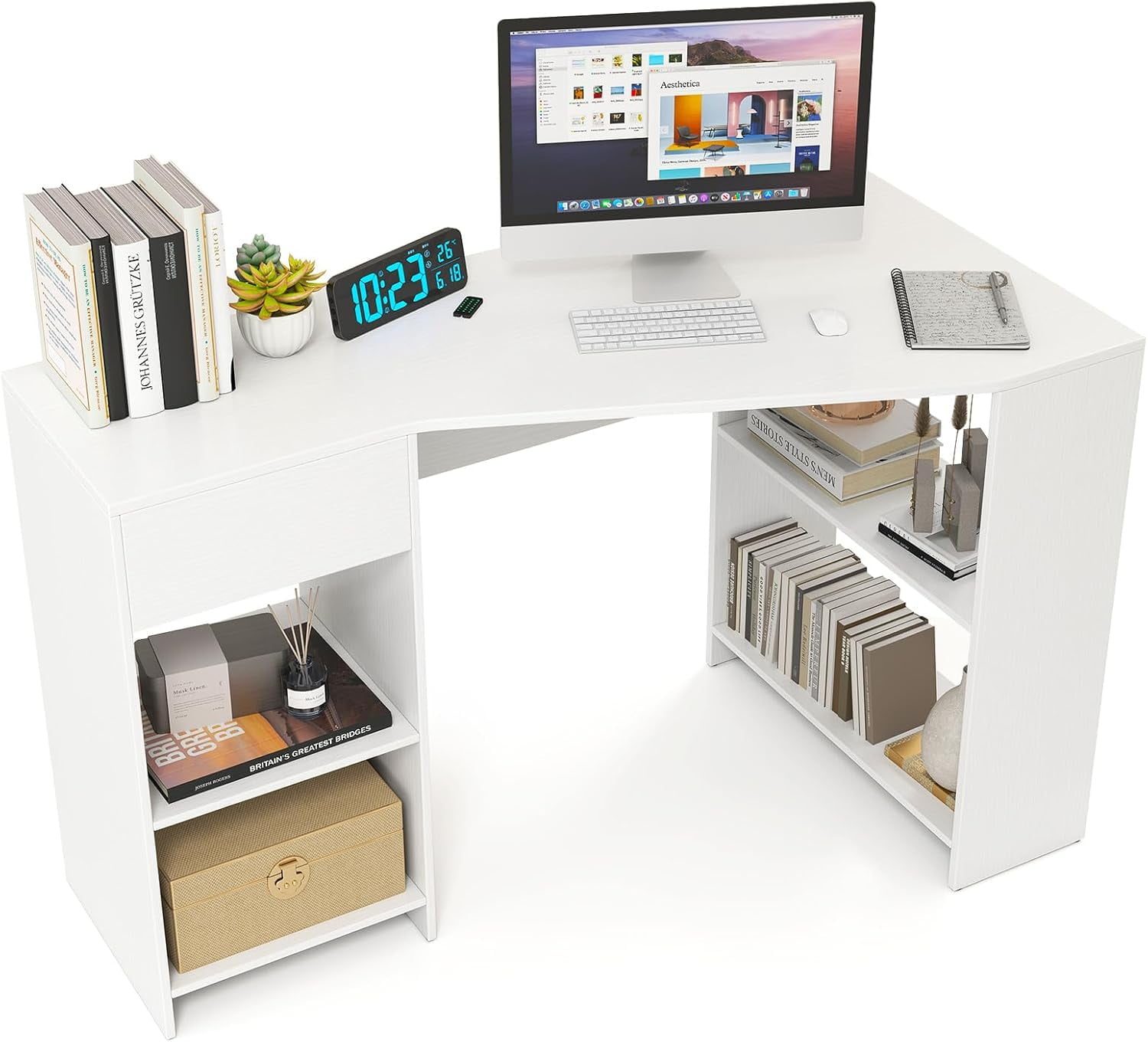 White Desk with Drawer, 48 Inch Corner Desk with Storage Shelves ...