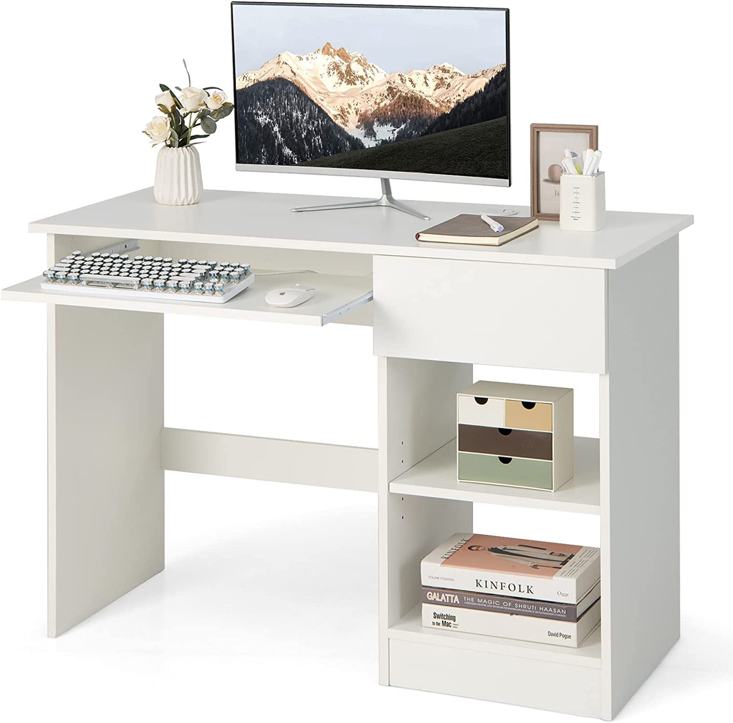 White Desk with Drawer, Wooden Computer Desk with Pull-Out Keyboard ...
