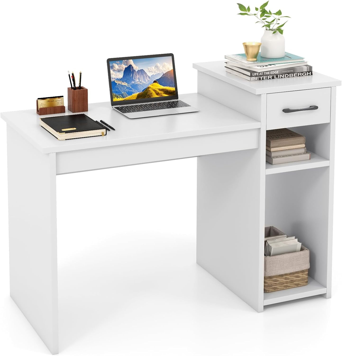 White Desk with Drawers, Modern Writing Desk with Open Storage Shelves ...