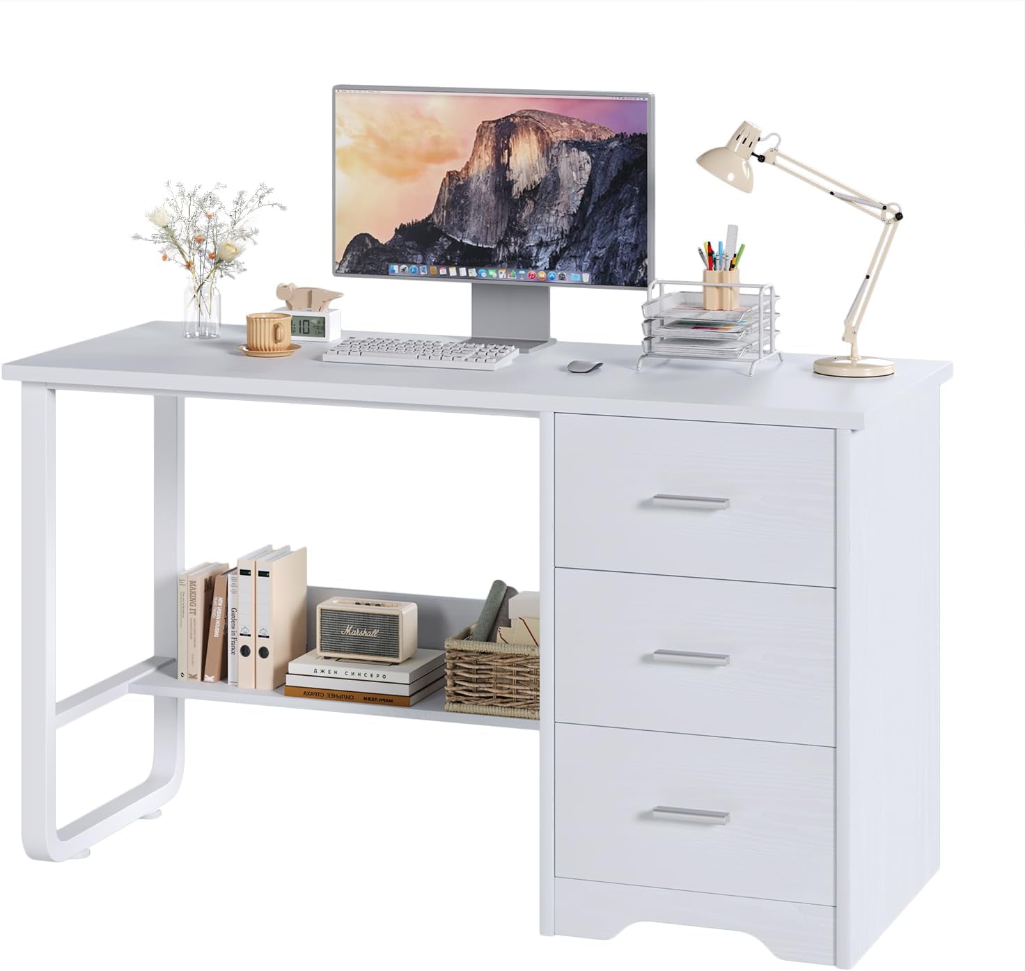 White Desk with Drawers, Small Desk for Bedroom, 47 Inch White Desk ...