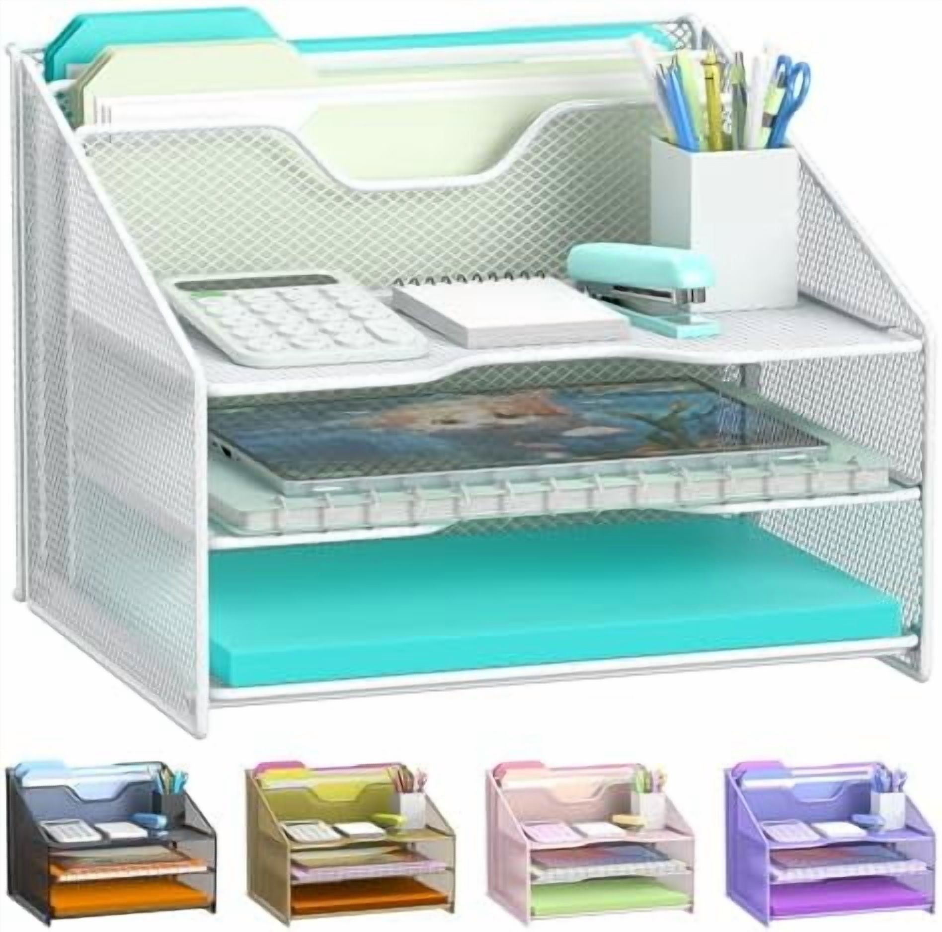 White Desk File Organizer, Mesh Letter File Folder Holder with 3 Paper ...