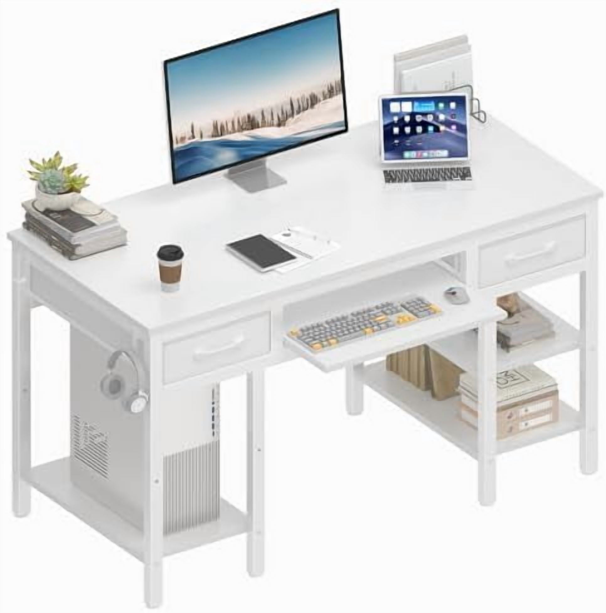 White Desk with Keyboard Tray Slide Out, 47 Inch Home Office Computer ...