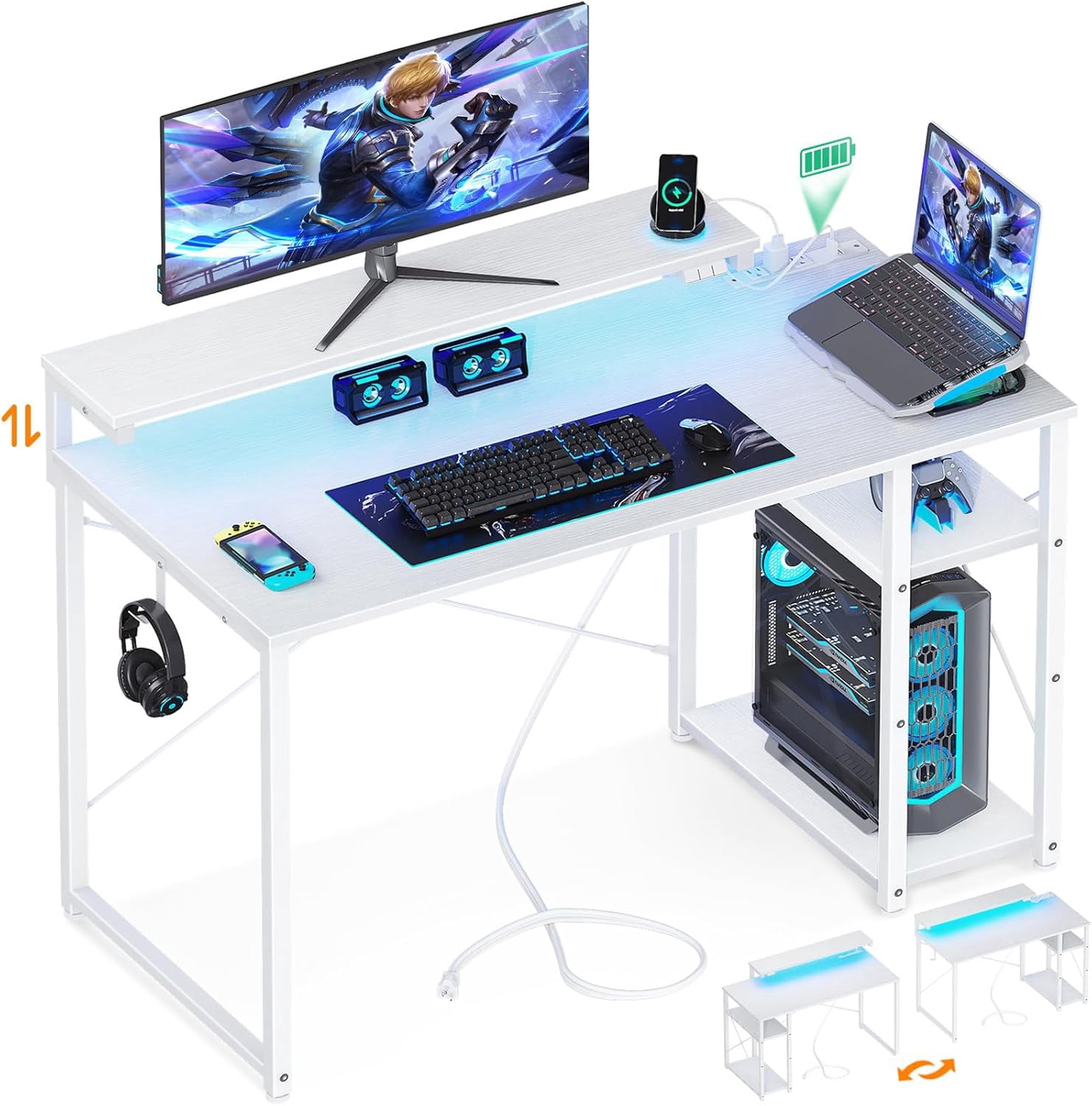 White Desk with Led Lights & Power Outlet, 40 Inch Small Computer Desk ...