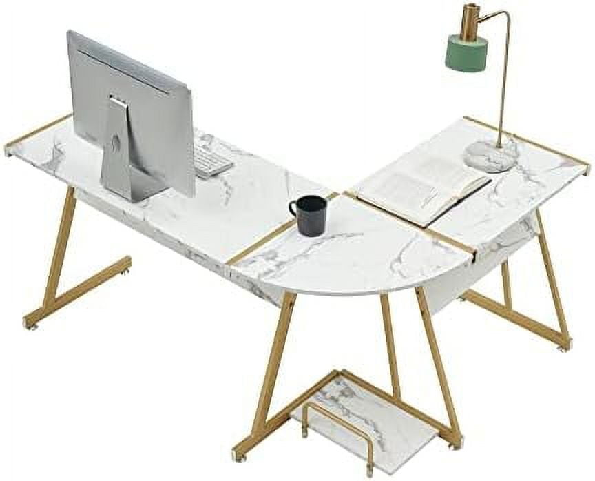 White Desk Marble and Gold Corner Gaming Desk Small Computer L Shaped ...