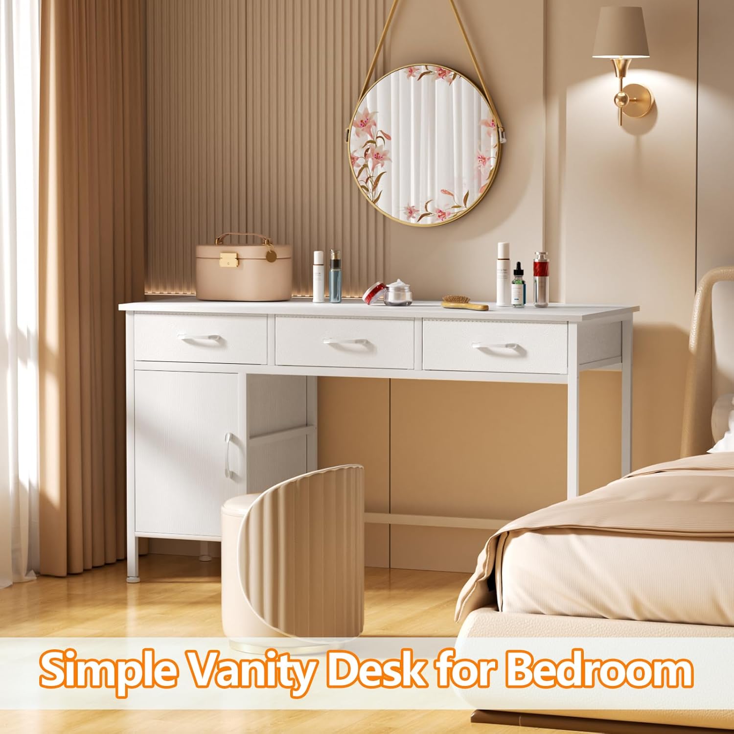 White Desk with Storage Cabinet and 3 Fabric Drawers, 47 Inch Home ...