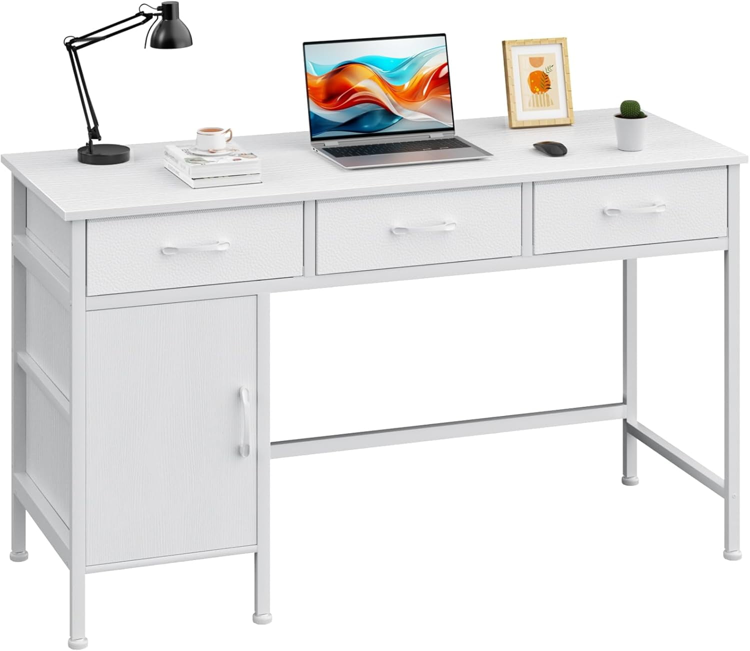 White Desk with Storage Cabinet and 3 Fabric Drawers, 47 Inch Home ...