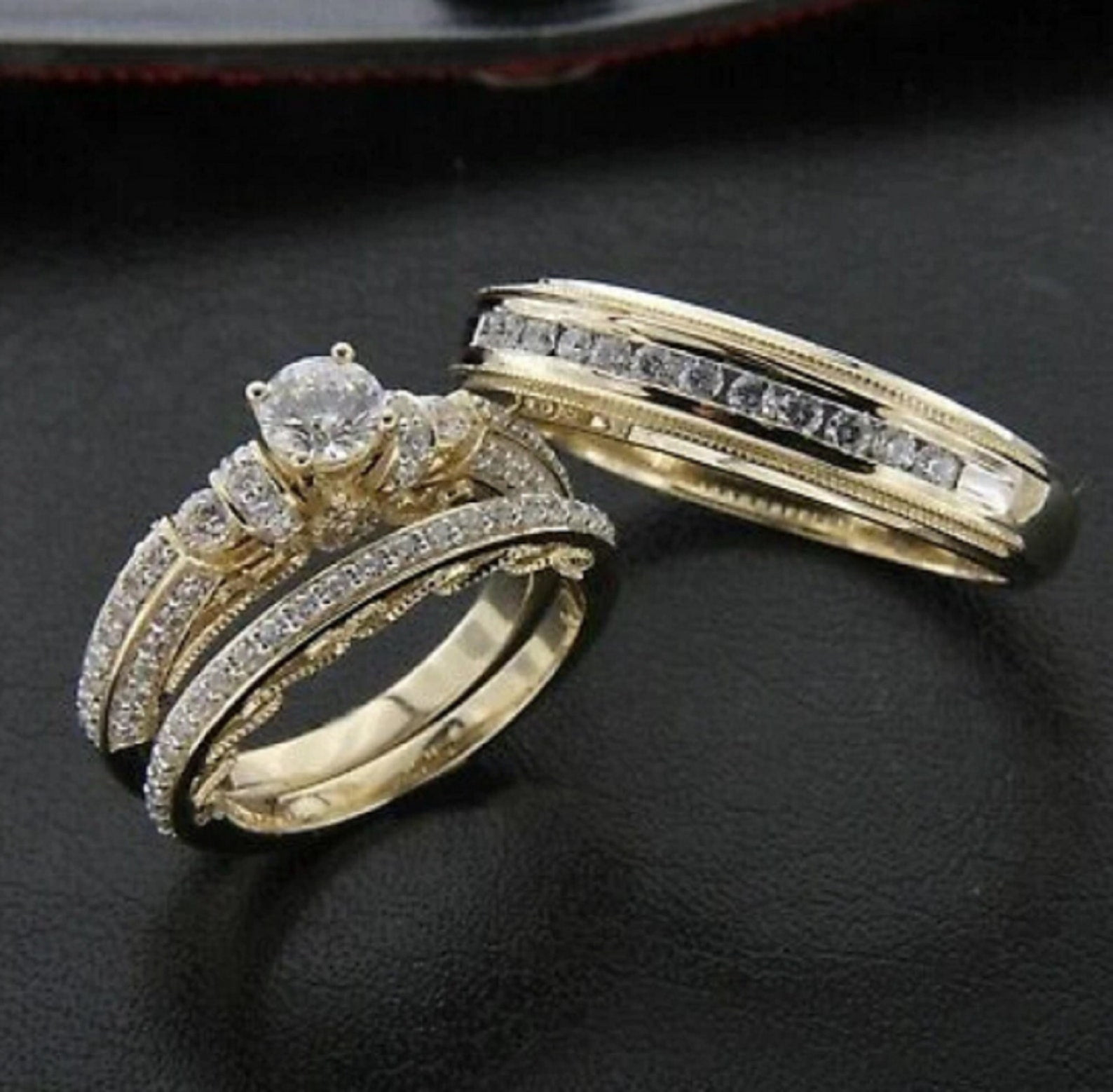 White Diamond Wedding His & Her Trio Ring Set - Bridal Engagement Ring ...