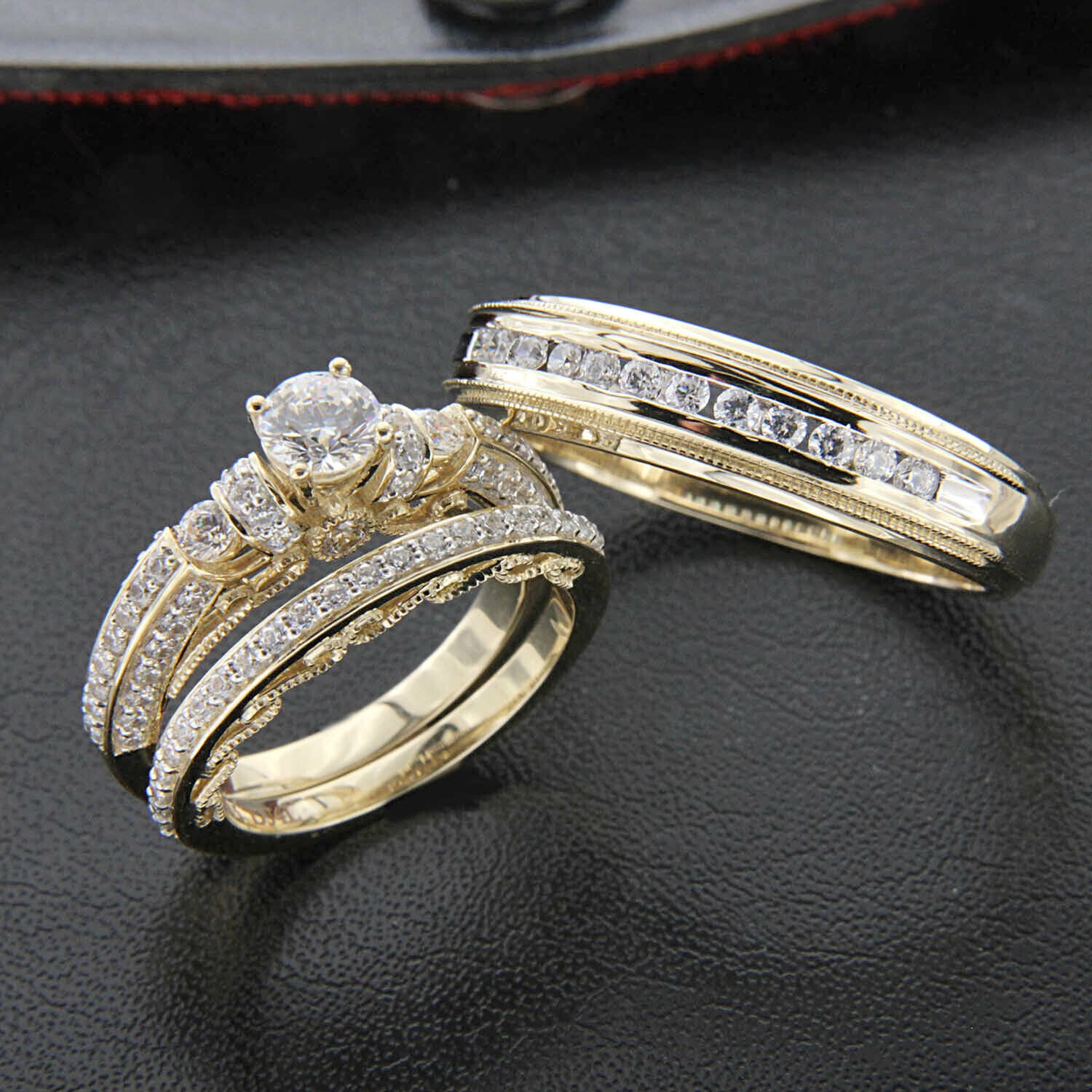 White Diamond Wedding His & Her Trio Ring Set - Bridal Engagement Ring ...