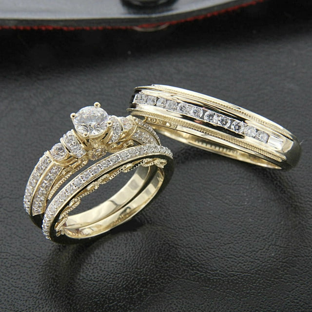 White Diamond Wedding His & Her Trio Ring Set - Bridal Engagement Ring ...