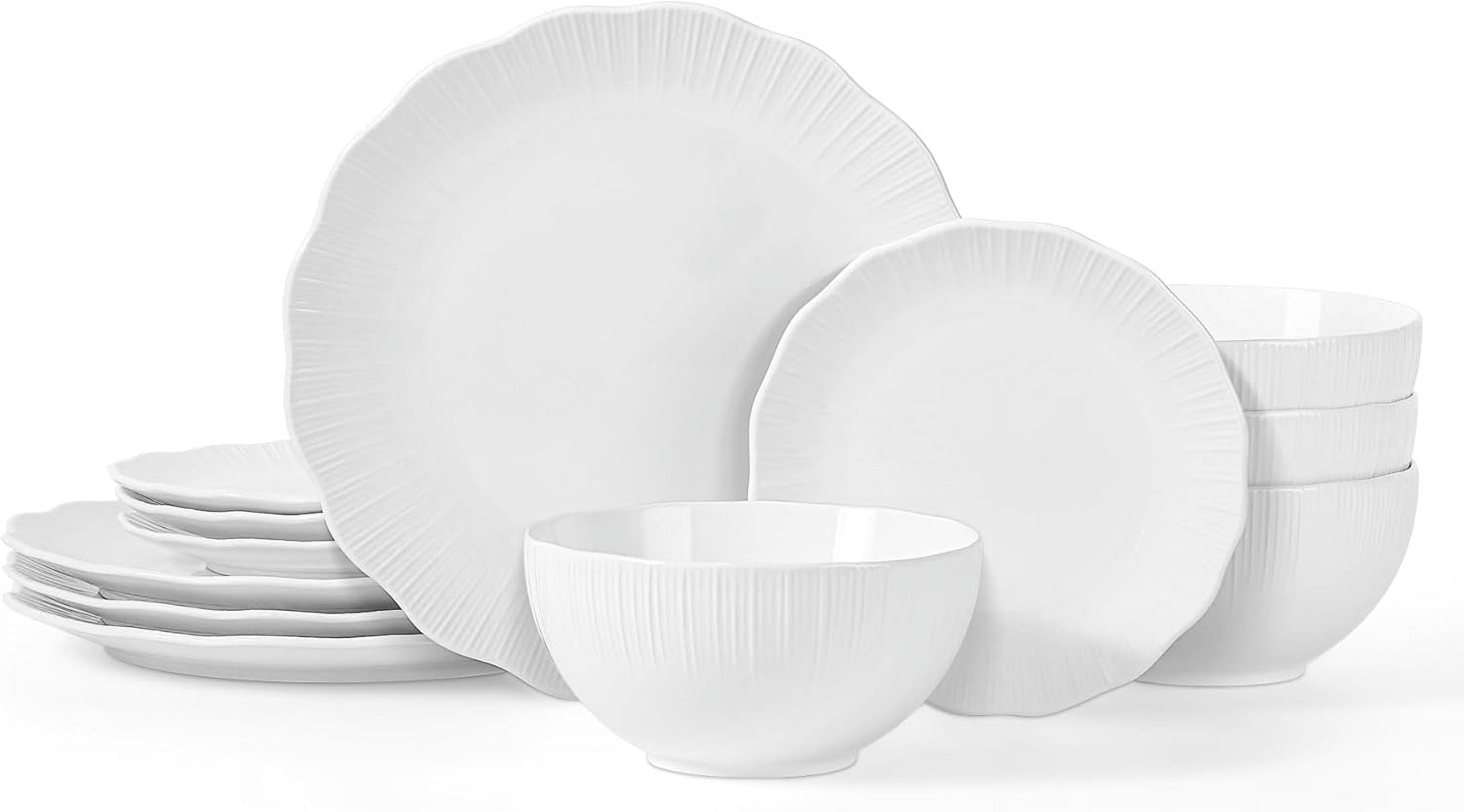 White Dinnerware Set, 12 Pieces Radiating Embossed Plates and Bowls Set ...