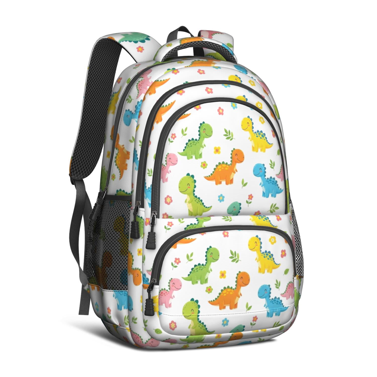 White Dinosaurs Flowers Pattern Cute School Backpack Bag with Padded ...