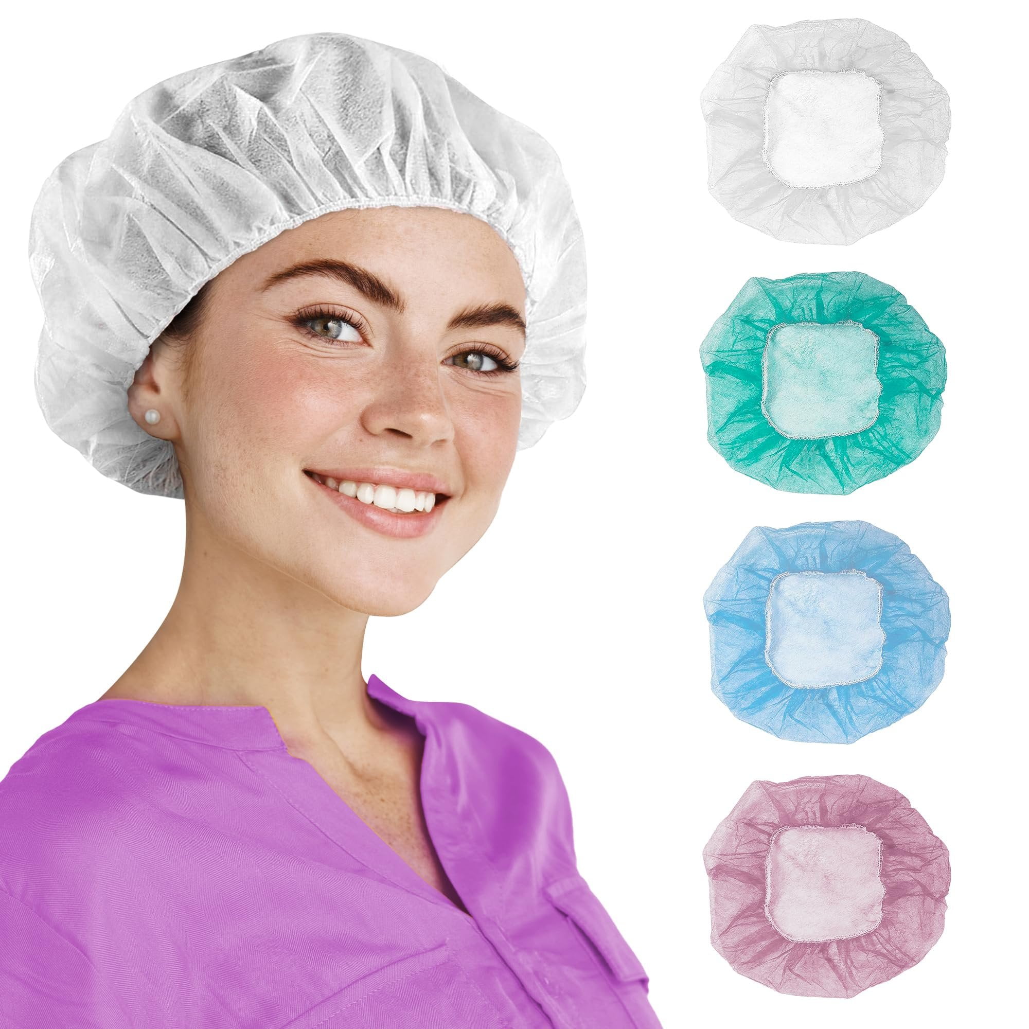 White Disposable Bouffant Caps Medical, 21 Inch. Pack of 100 Disposable ...