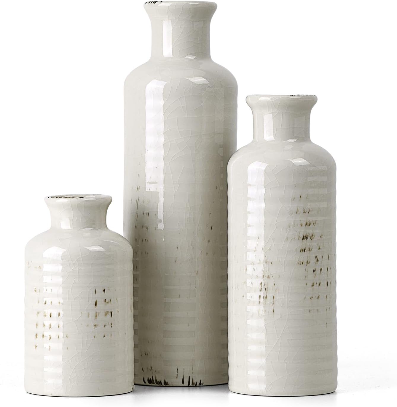 White Distressed Ceramic Vase Set, Rustic Ocean Beach Farmhouse Shelf ...